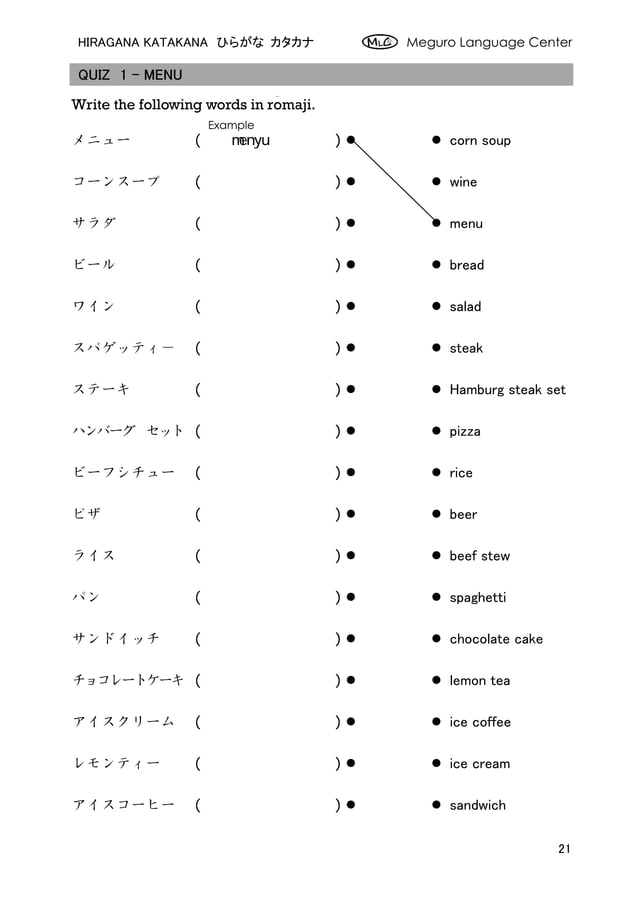 Hiragana katakana worksheet | PDF | Food & Drink