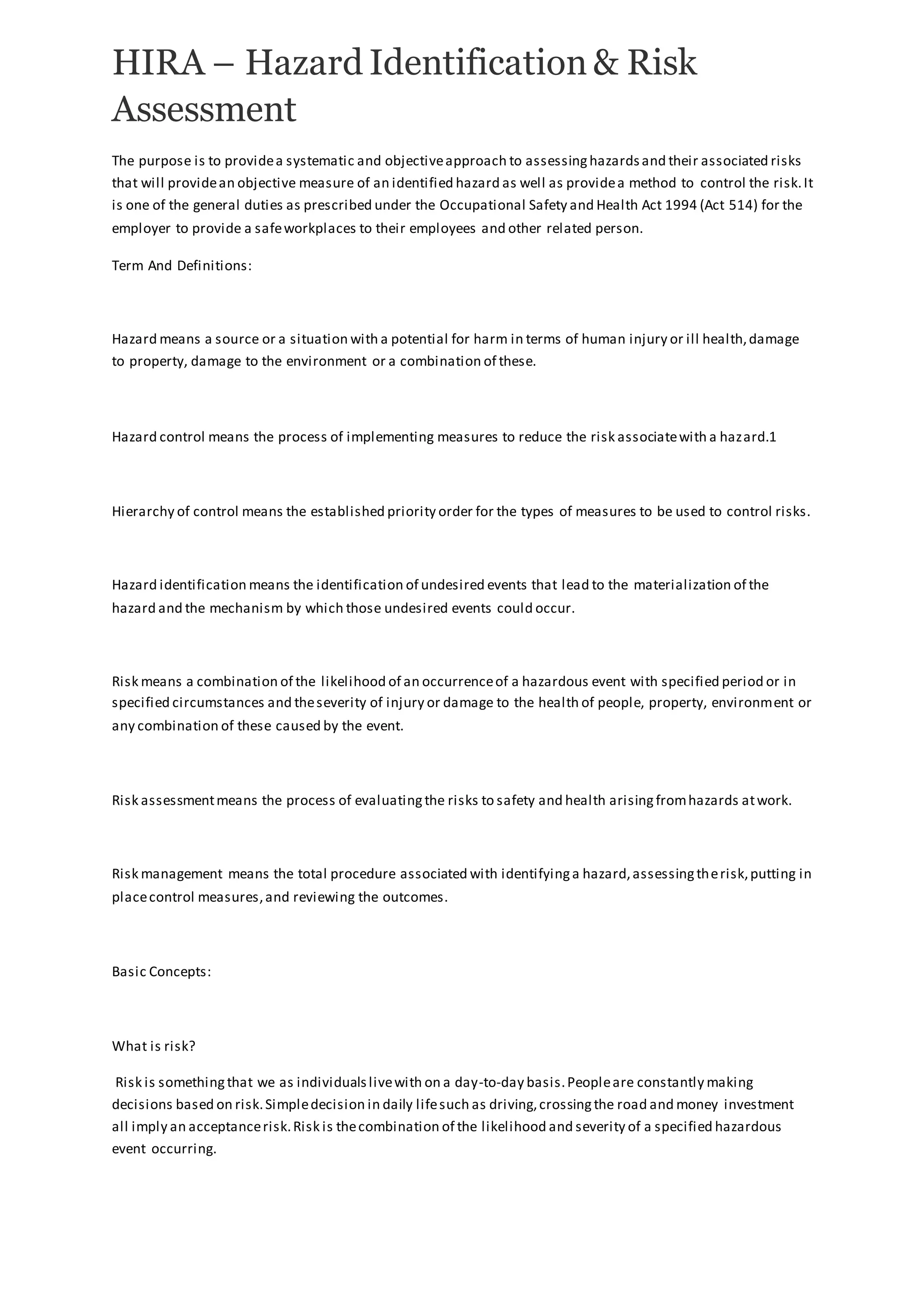 Hira – hazard identification & risk assessment | DOCX