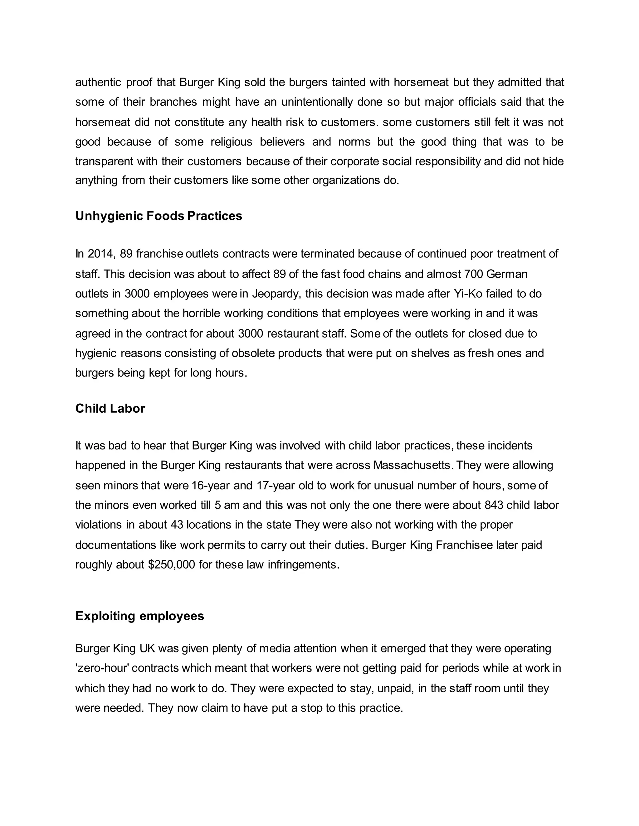 Burger King - Unethical Business Practices | DOCX