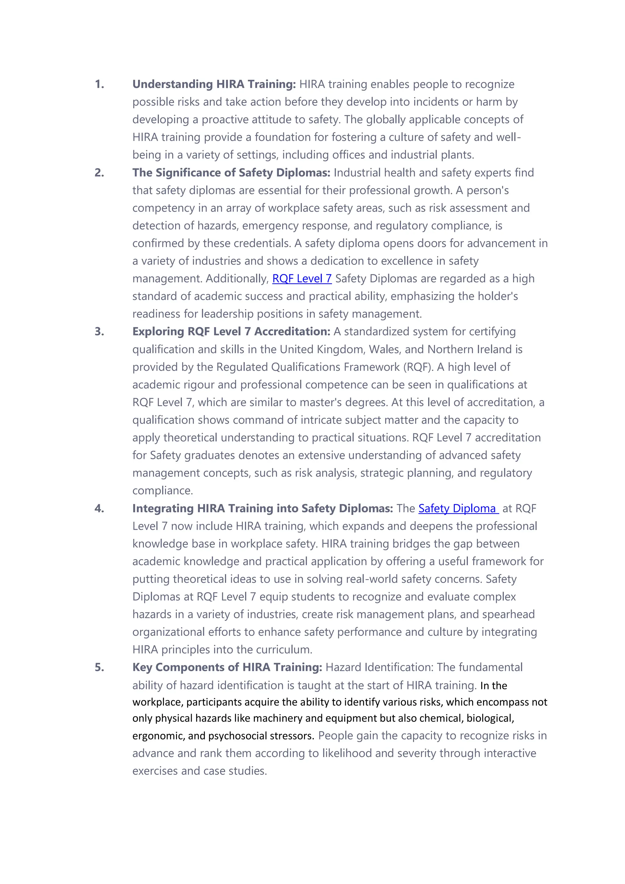 HIRA Training in Attaining a Safety Diploma | PDF