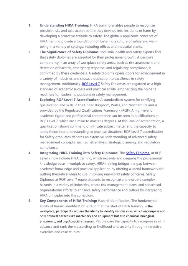 HIRA Training in Attaining a Safety Diploma | PDF