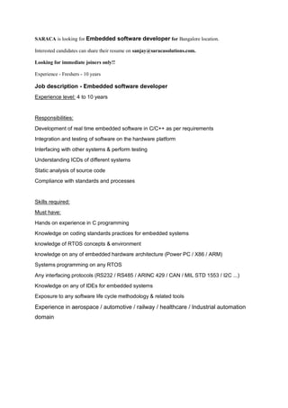 Hiring for Embedded Software Developer - SARACA Solutions | PDF ...