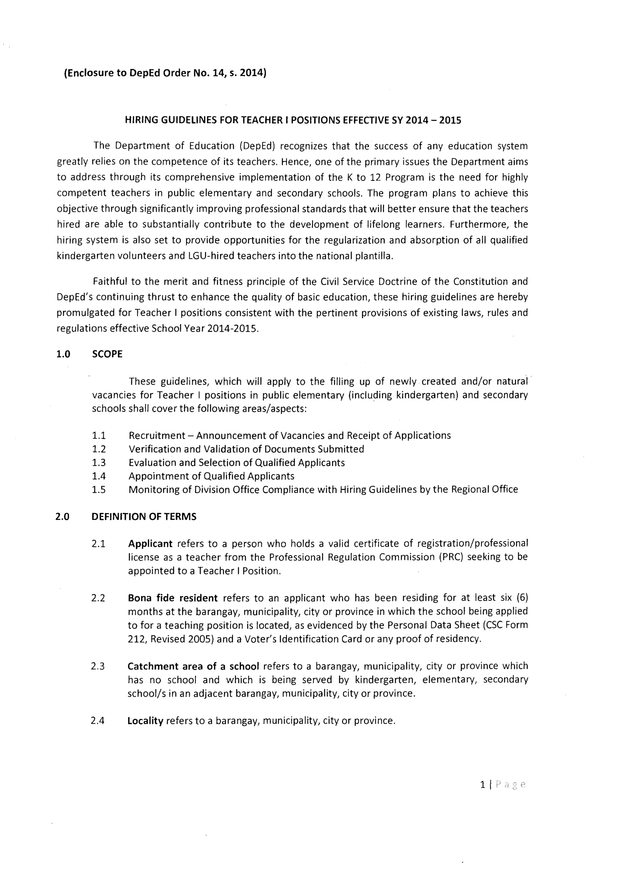 Hiring guidelines for teacher 1 positions do s2014 014 | PDF