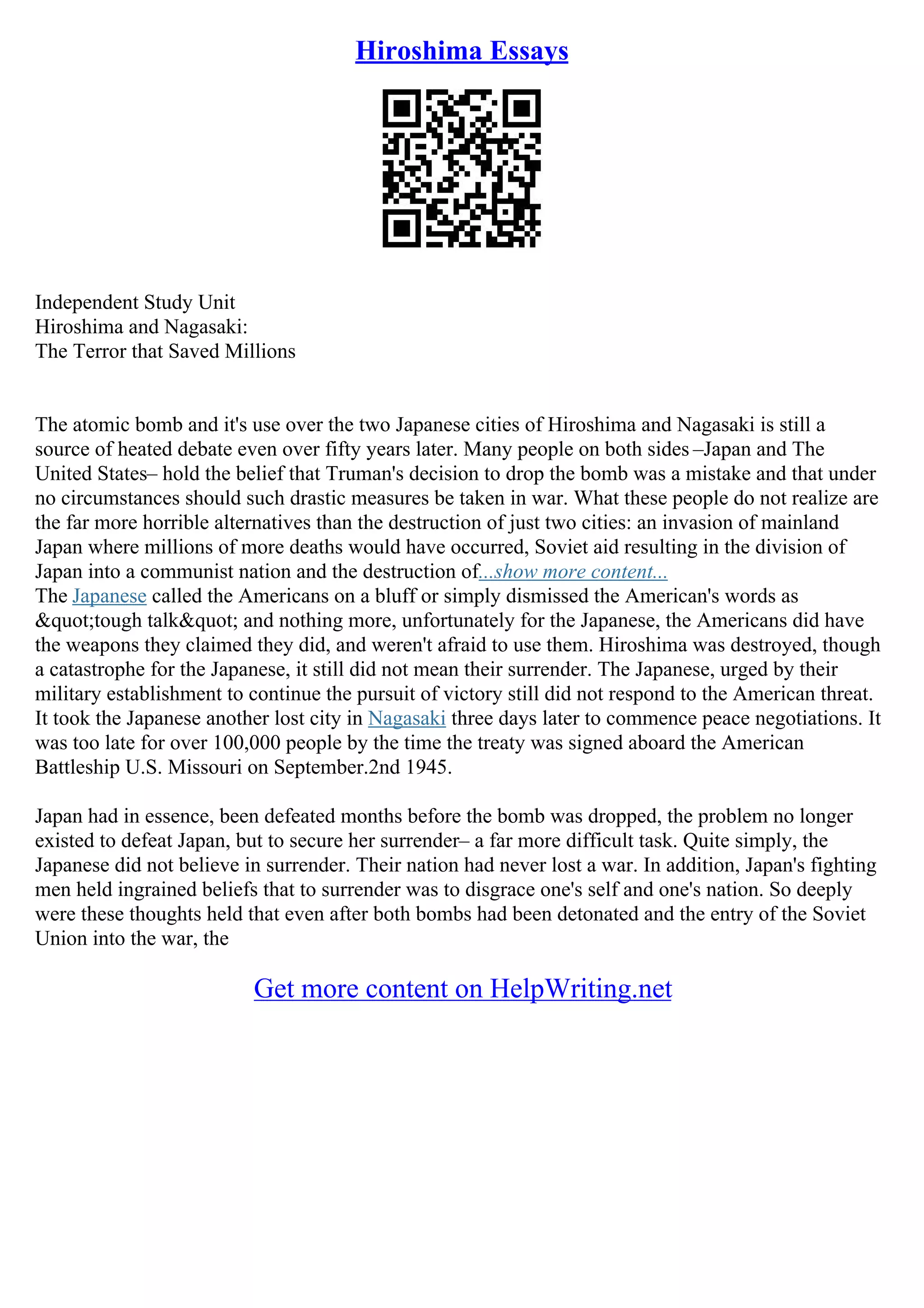 Hiroshima Nagasaki Essay | PDF