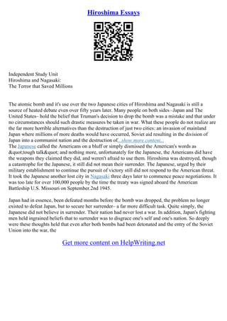 Hiroshima Nagasaki Essay | PDF | Death, Injury, or Military Conflict ...