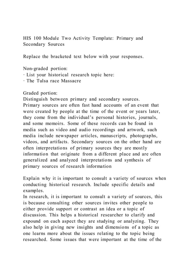 HIS 100 Module Two Activity Template Primary and Secondary Source | DOCX