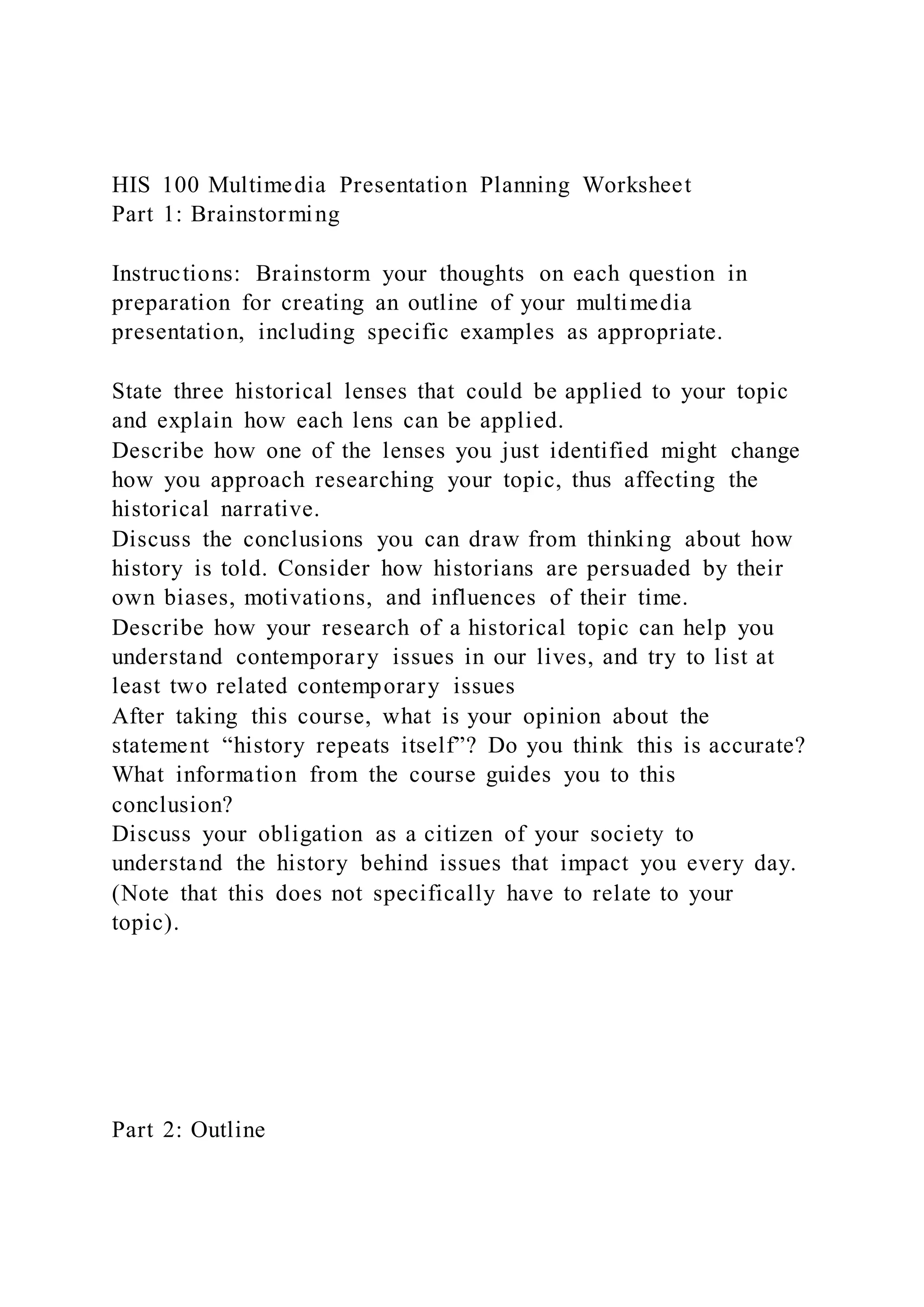 His 100 multimedia presentation planning worksheet part 1 brains | PDF