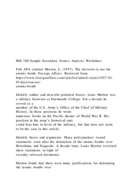 HIS 100 Sample Secondary Source Analysis Worksheet | PDF