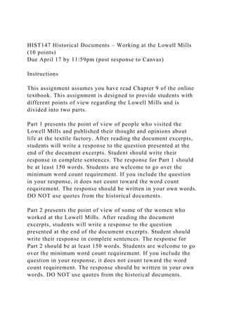 HIST147 Historical Documents – Working at the Lowell Mills (10 poi.docx