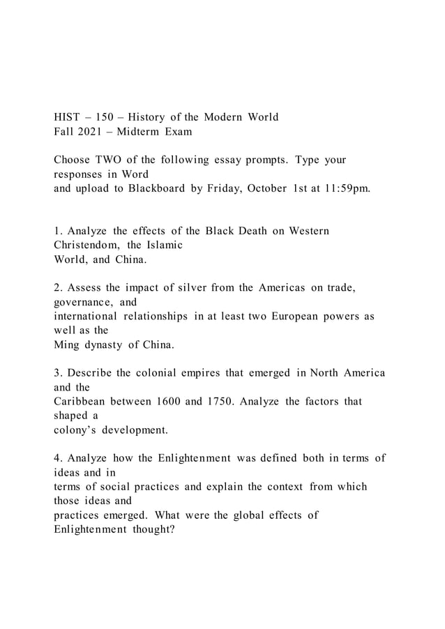 HIST – 150 – History of the Modern World Fall 2021 – Midterm | PDF