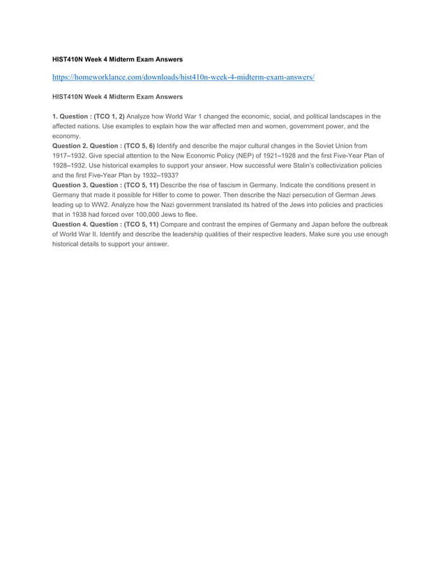 Hist410 n week 4 midterm exam answers | PDF