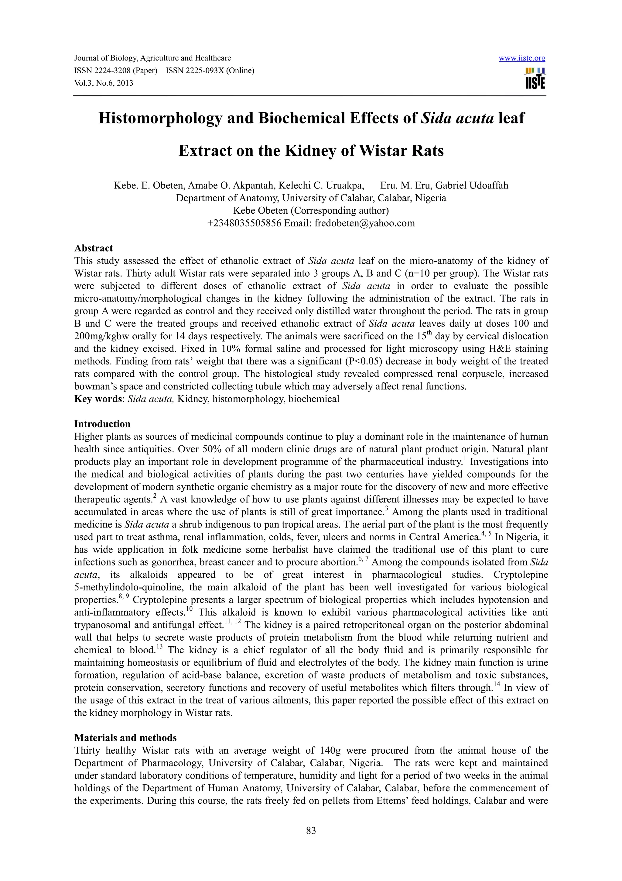 Histomorphology and biochemical effects of sida acuta leaf extract on ...