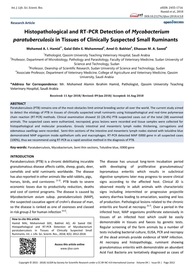 Histopathological and RT-PCR Detection of Mycobacterium ...