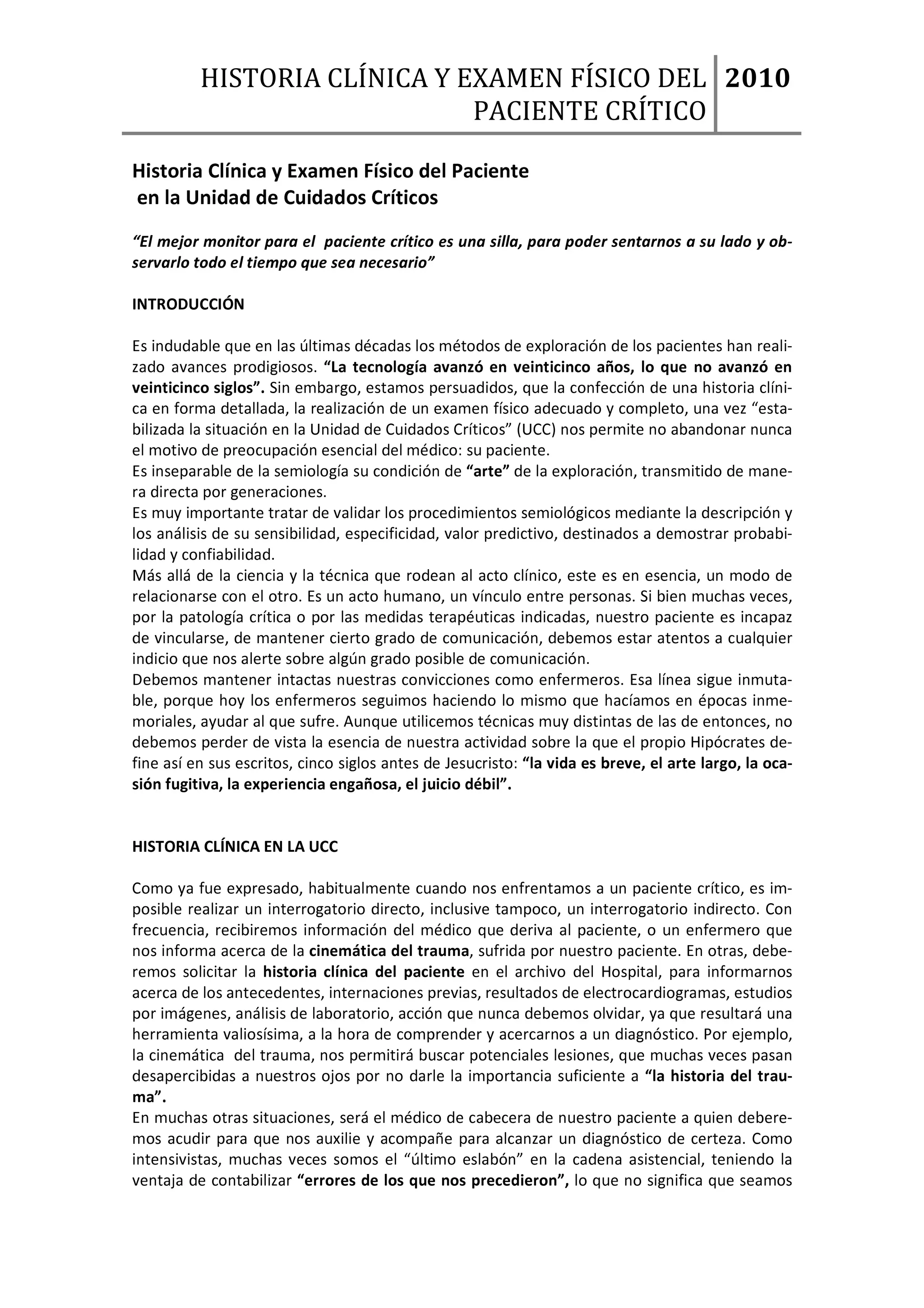 Historia clinica y examen fisico del paciente en la ucc | PDF