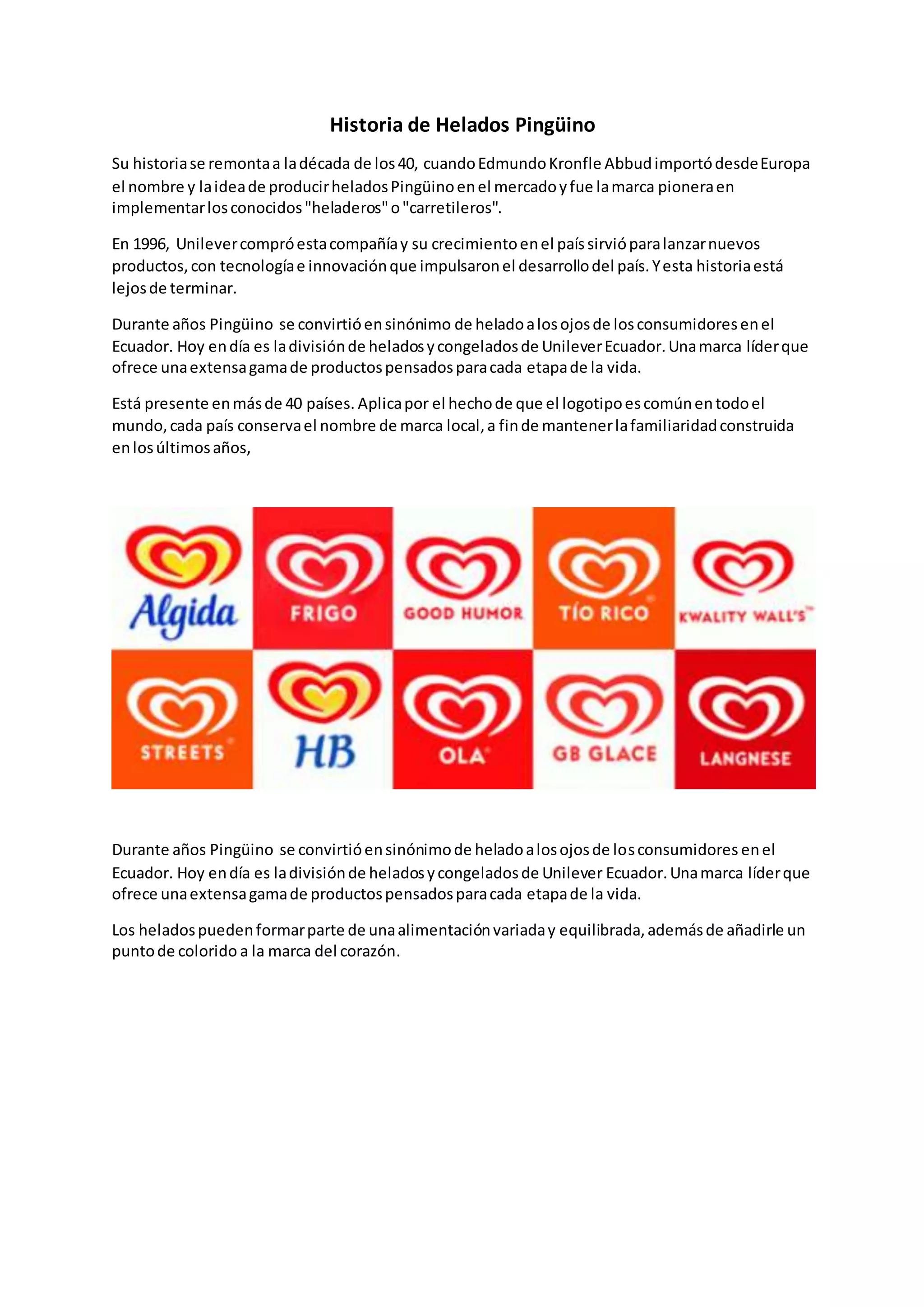 Historia de helados pinguino y unilever (heartbrand) | DOCX