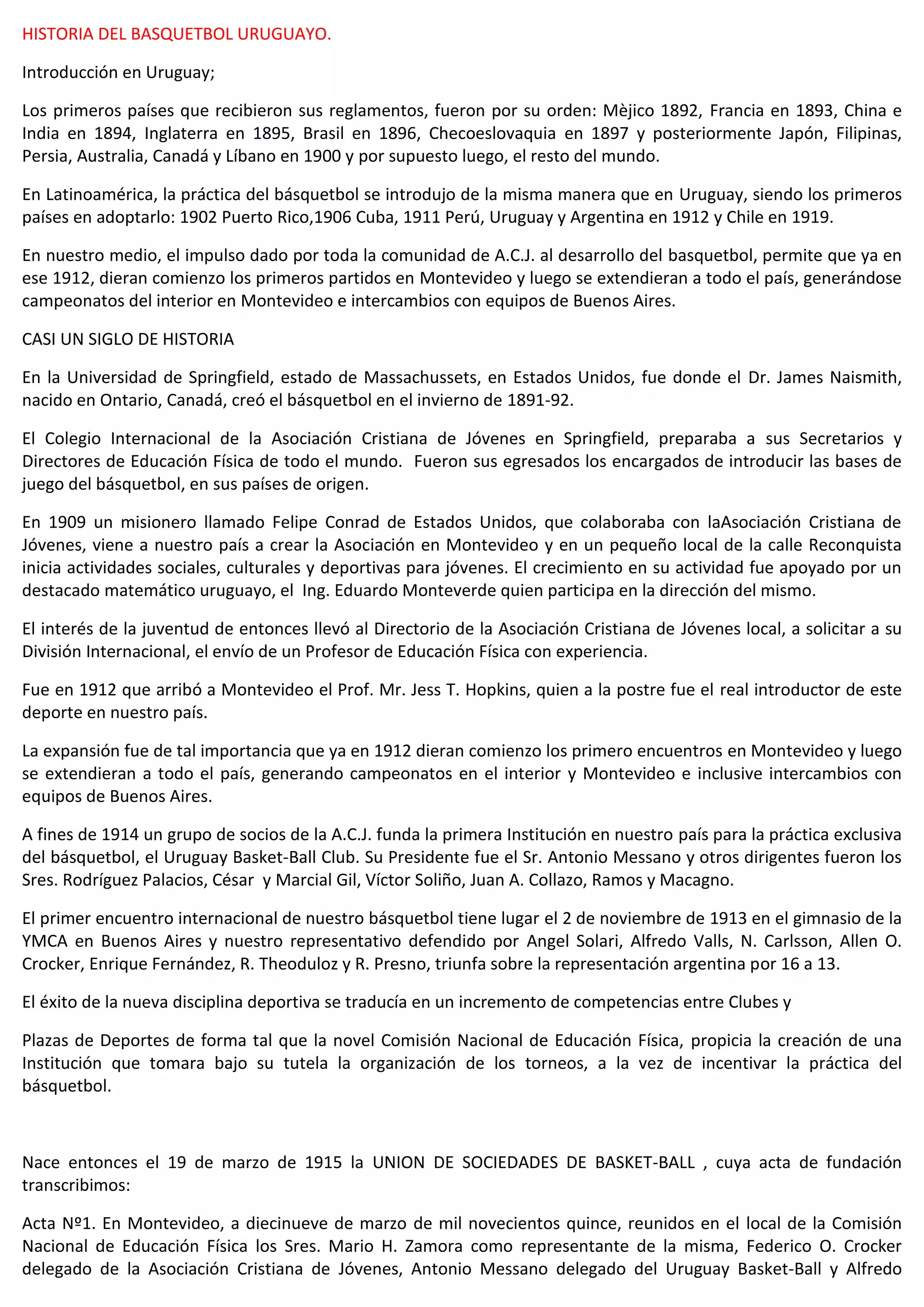 Historia del Basquetbol Uruguayo | DOCX