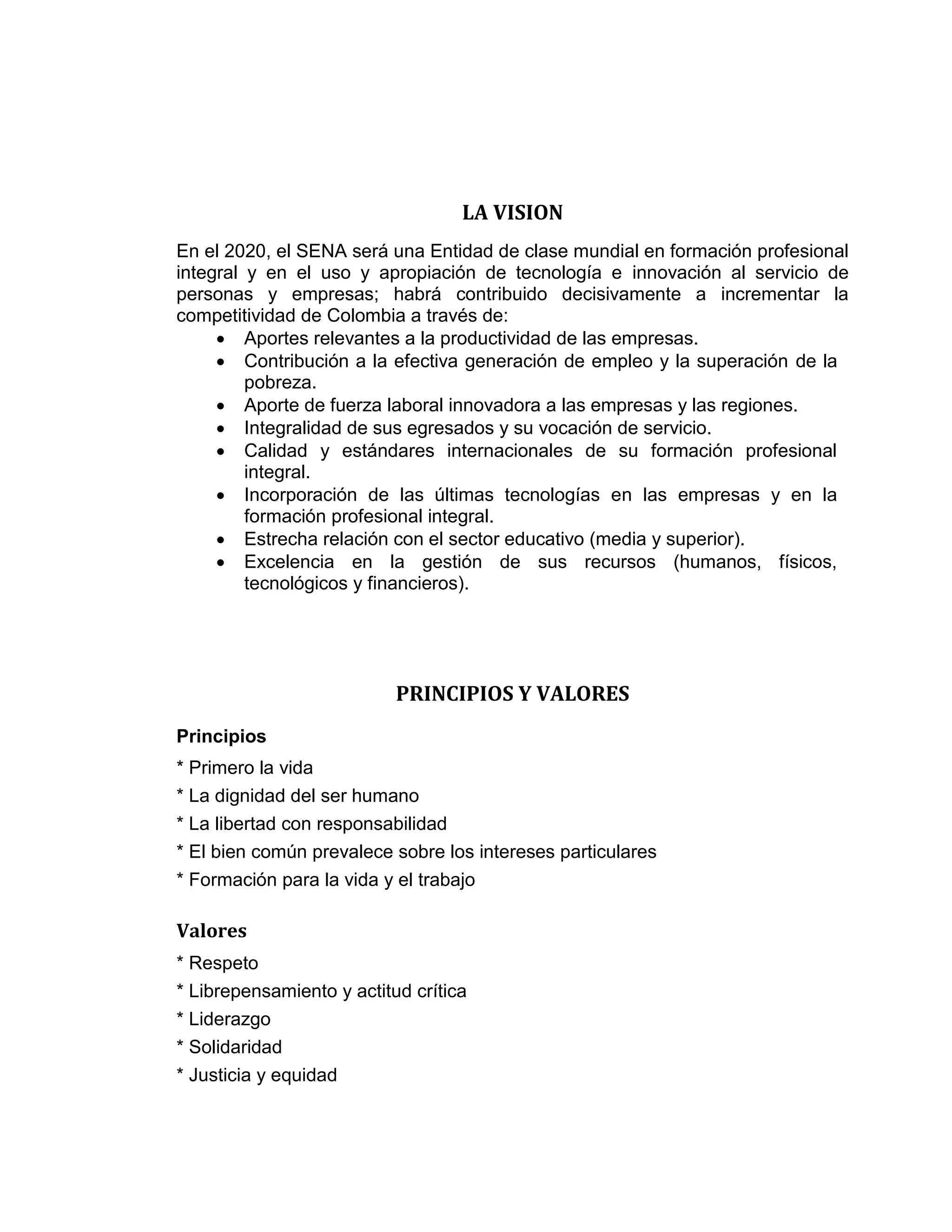 Historia del sena la mision y la visión principios y valores | PDF