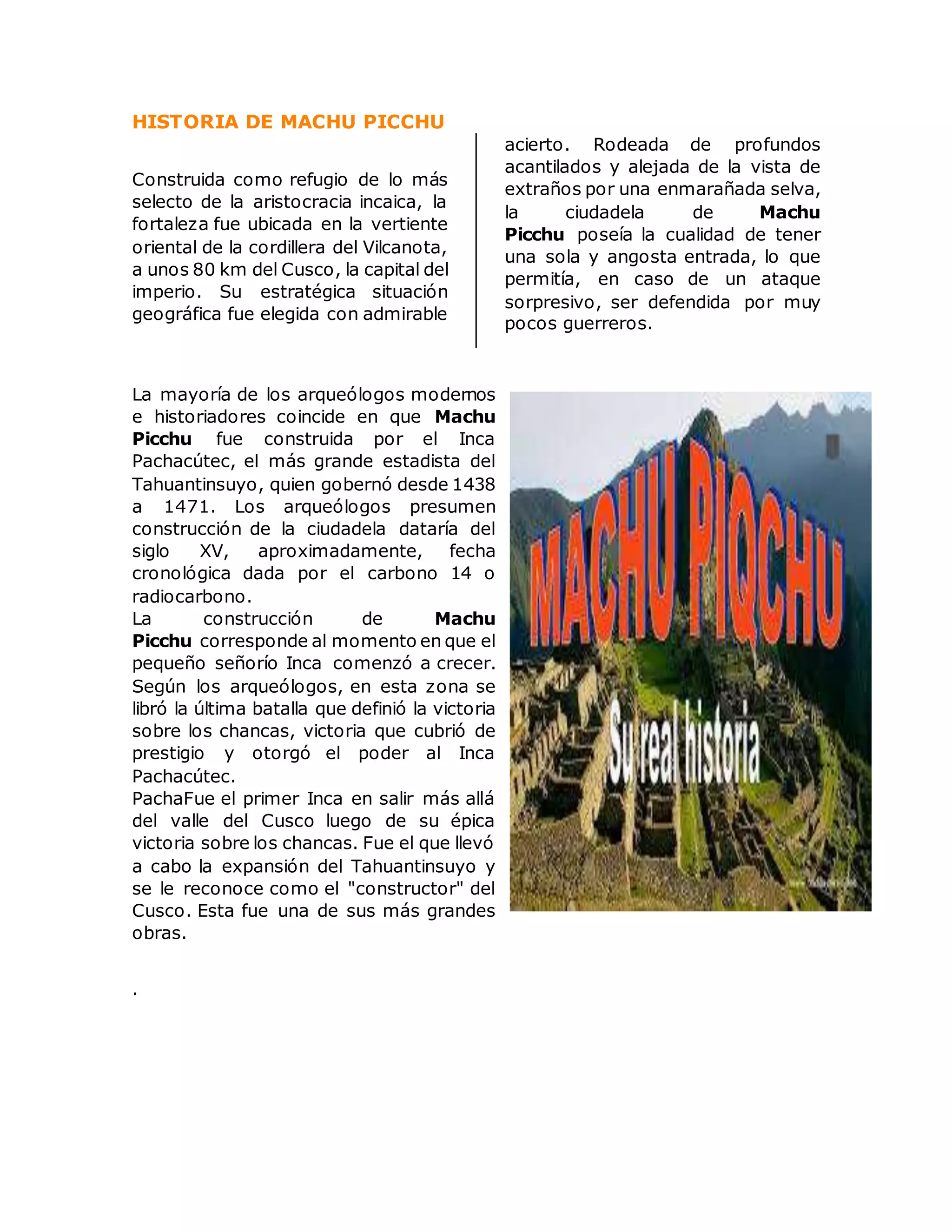 Historia de machu picchu | DOCX