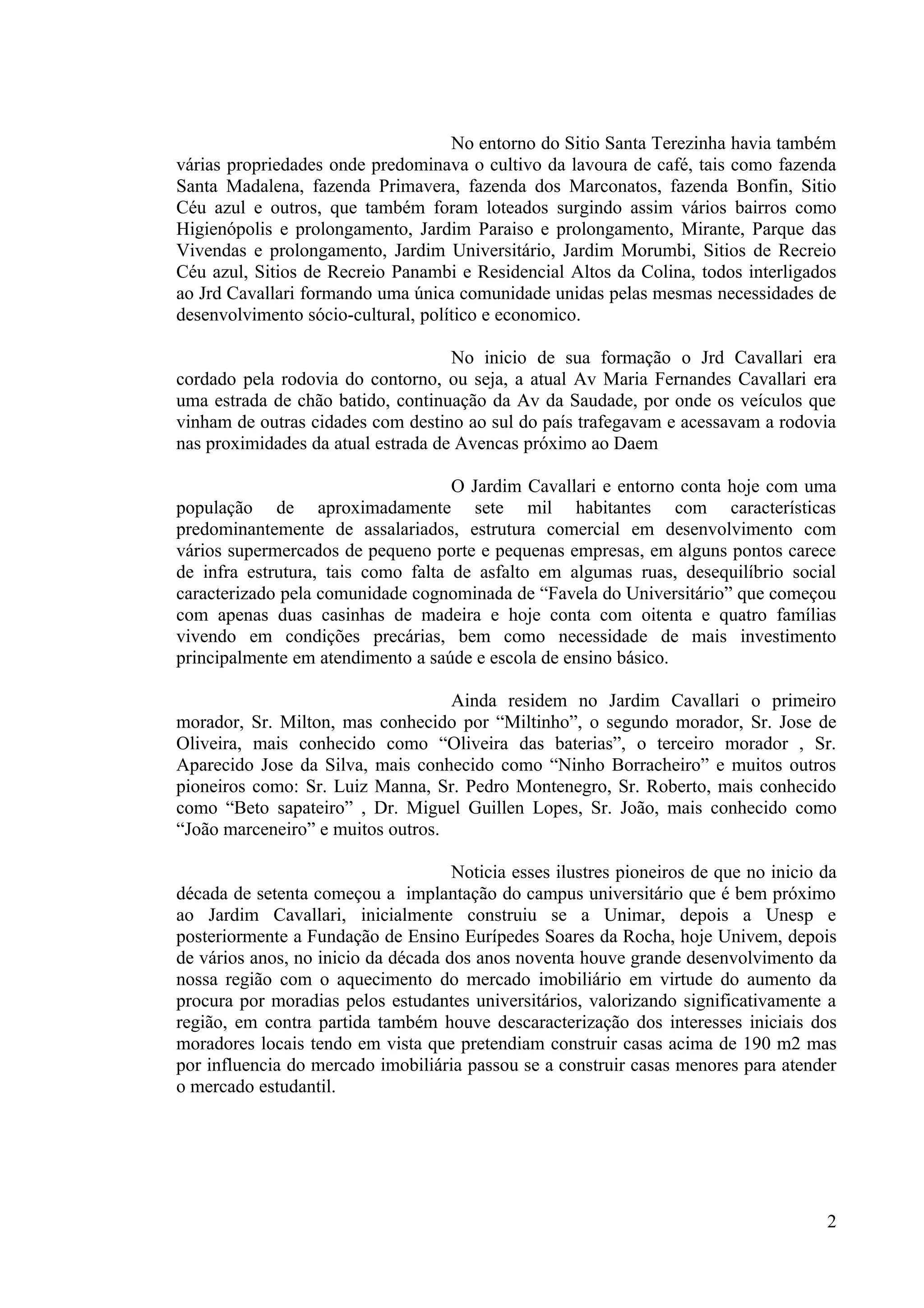 Historia do surgimento do jd. cavallari | DOC