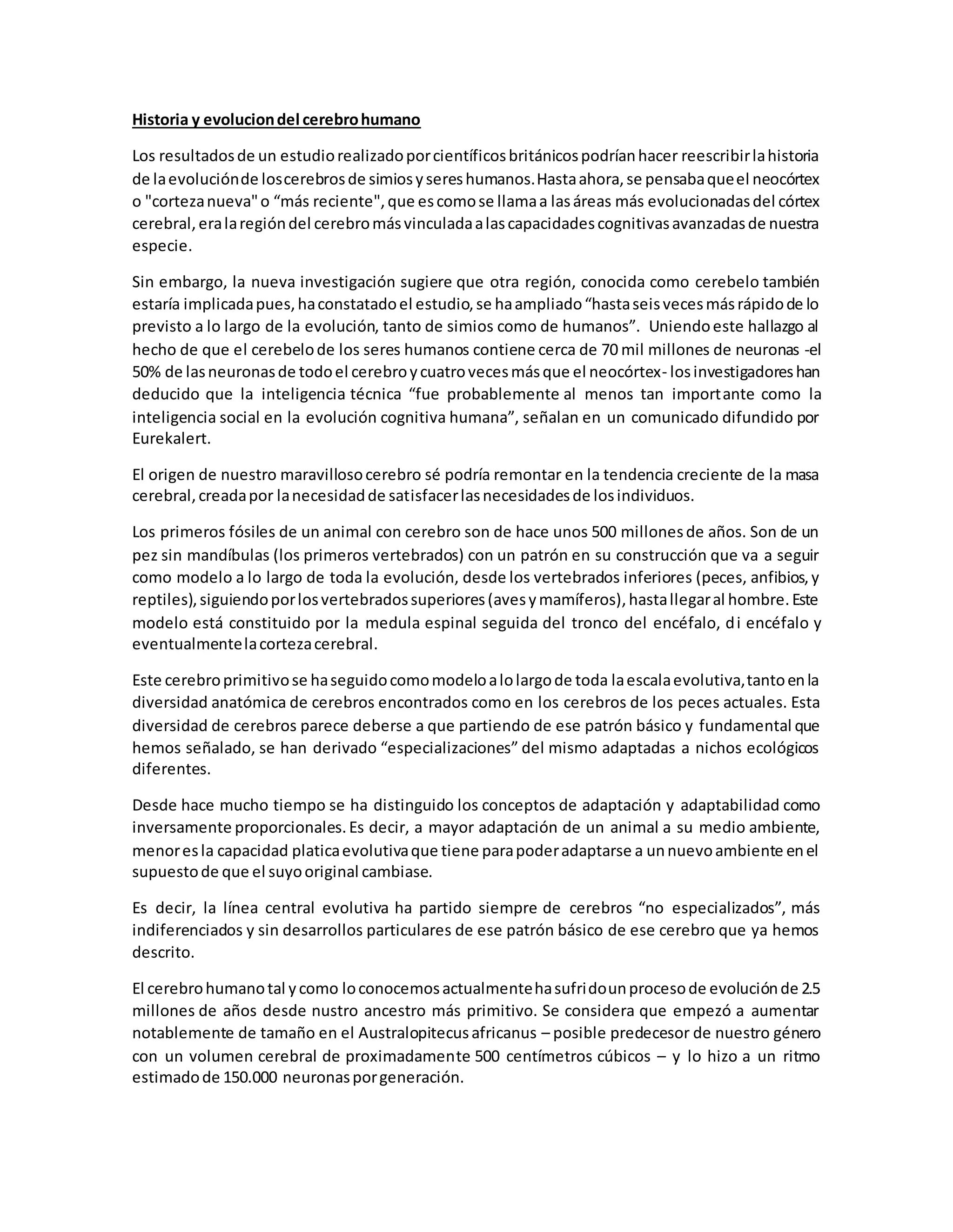Historia y evolucion del cerebro humano | DOCX