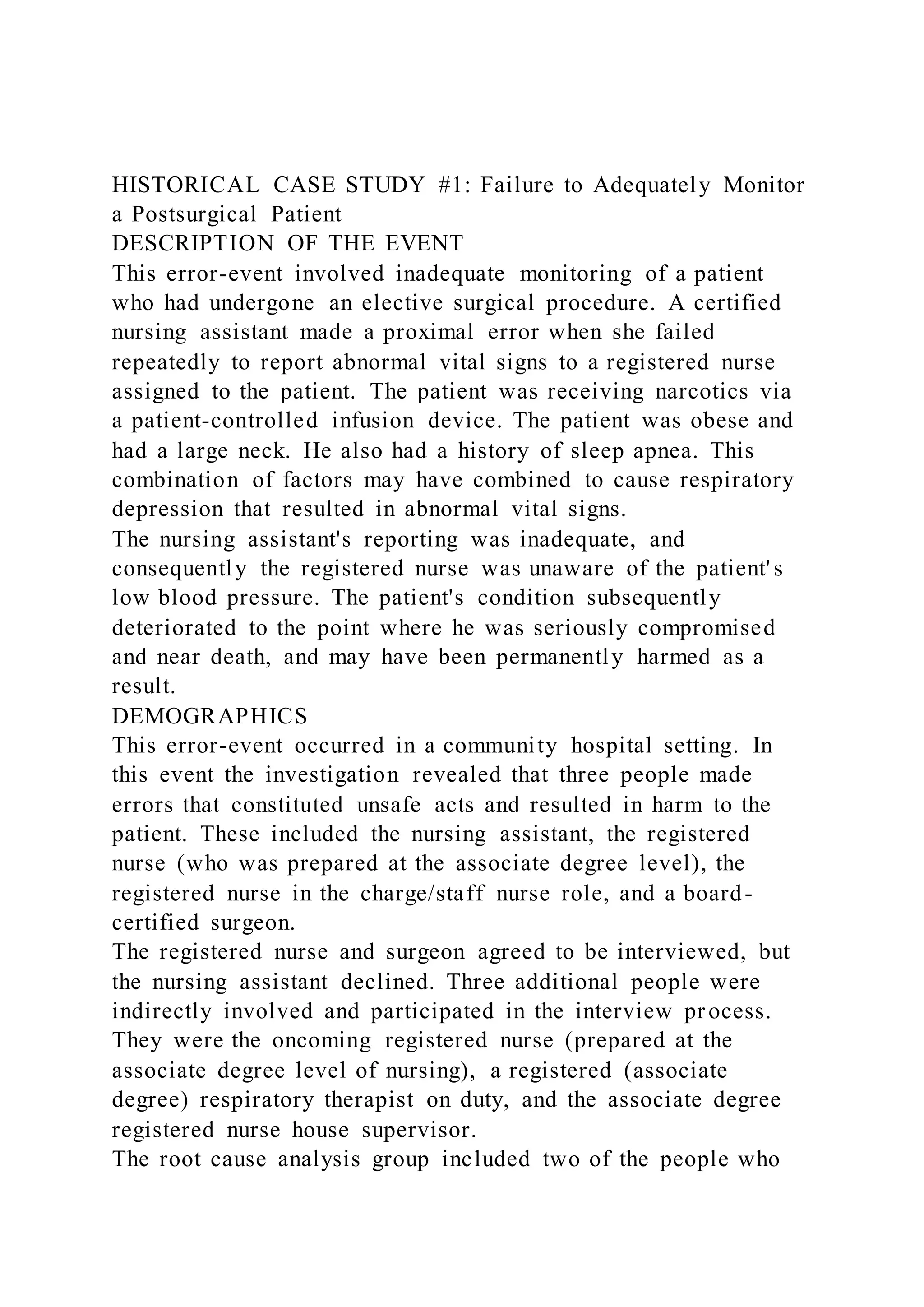 HISTORICAL CASE STUDY #1 Failure to Adequately Monitor a Postsurg | DOCX