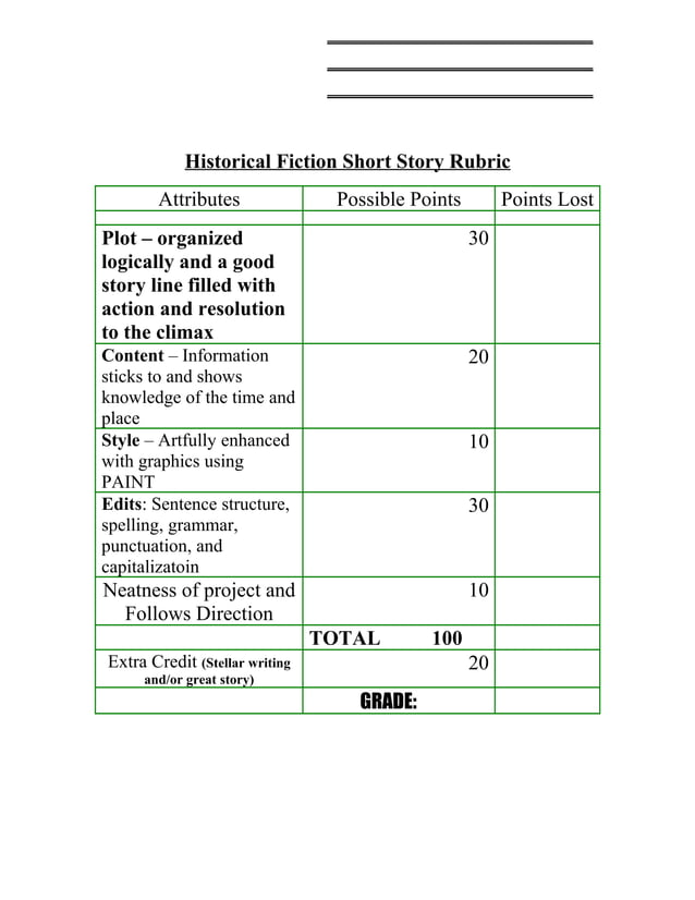 Historical Fiction Short Story Rubric Pdf