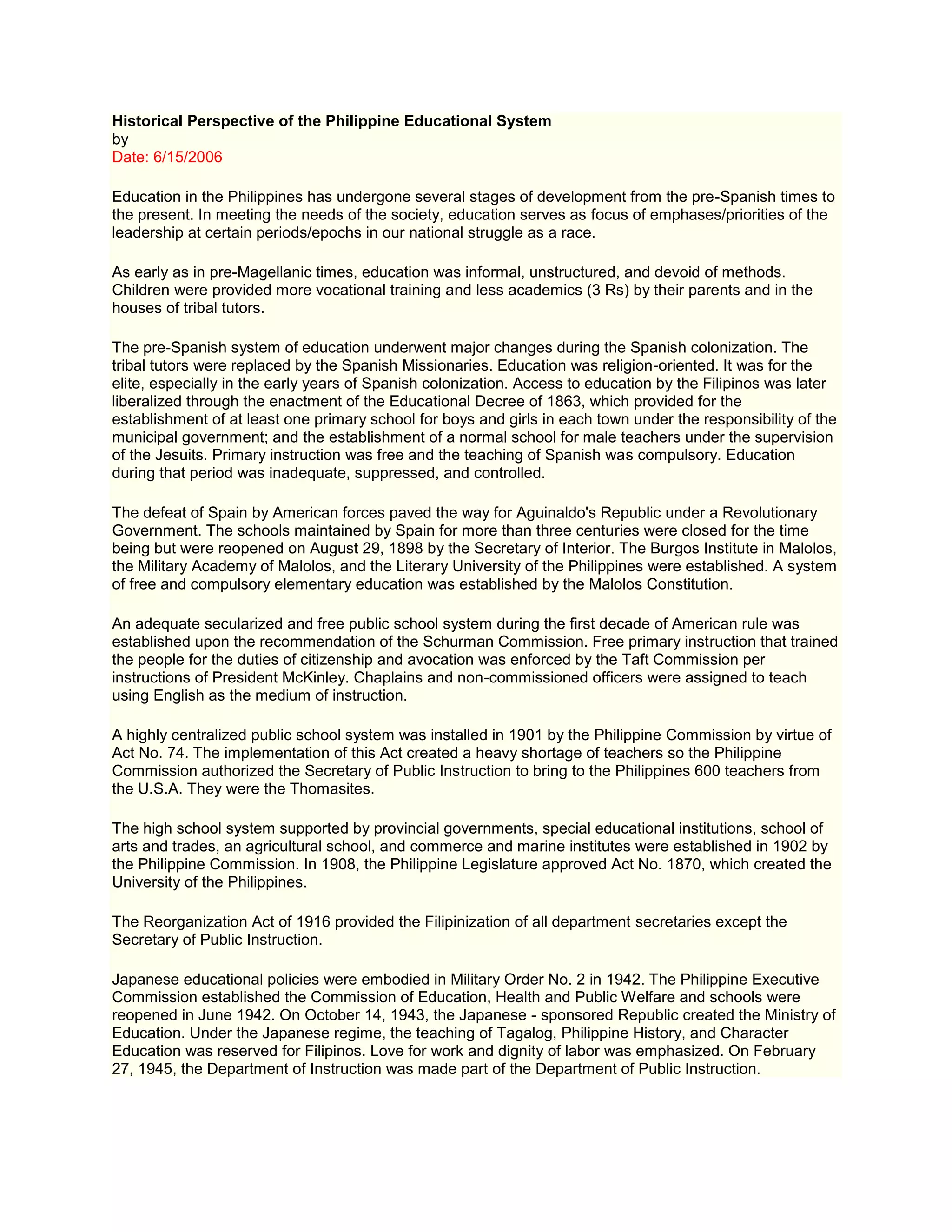 Historical perspective of the philippine educational system | DOCX