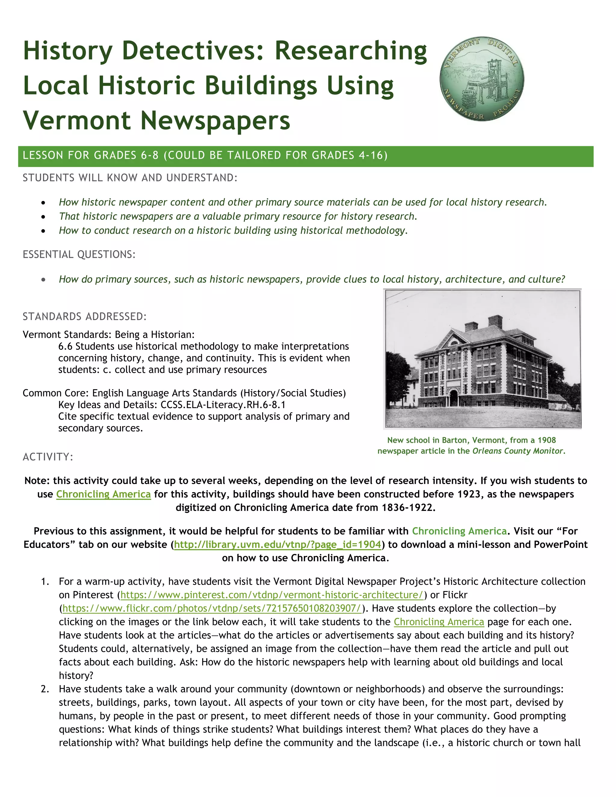 History Detectives: Researching Local Historic Buildings Using Vermont ...