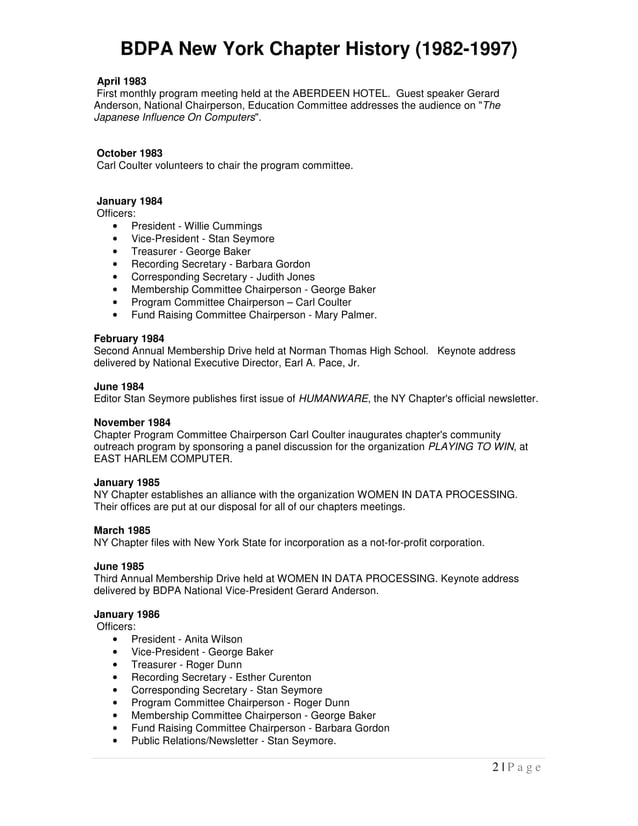 History: BDPA New York Chapter (1982-1997) | PDF