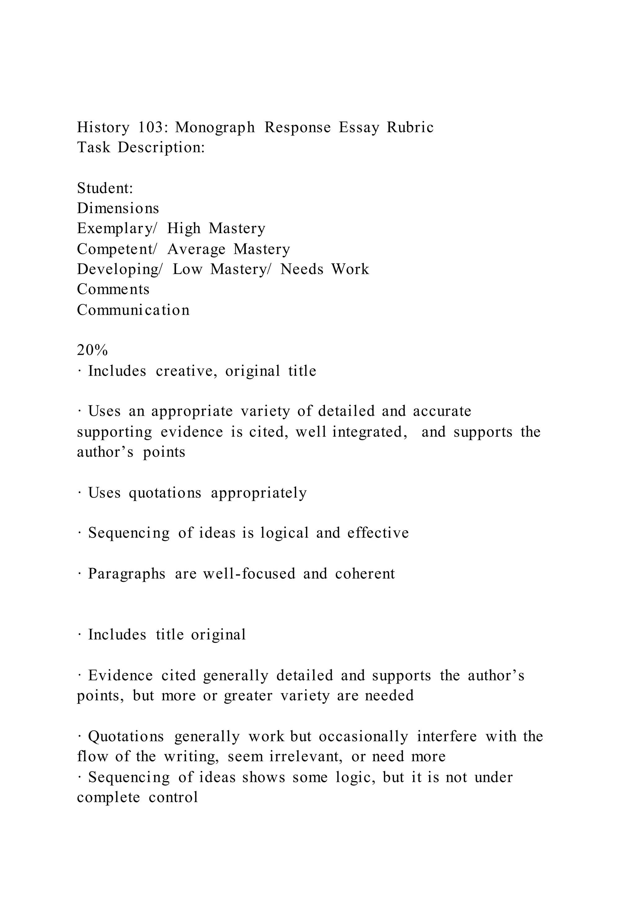 History 103 monograph response essay rubric task description | DOCX