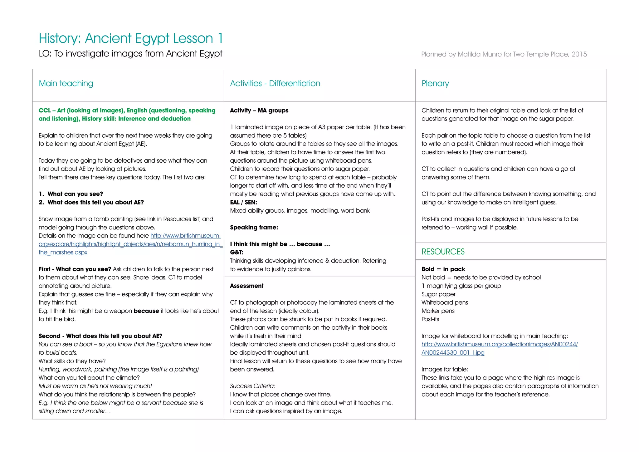 History: ancient egypt lesson 1 two temple place | PDF