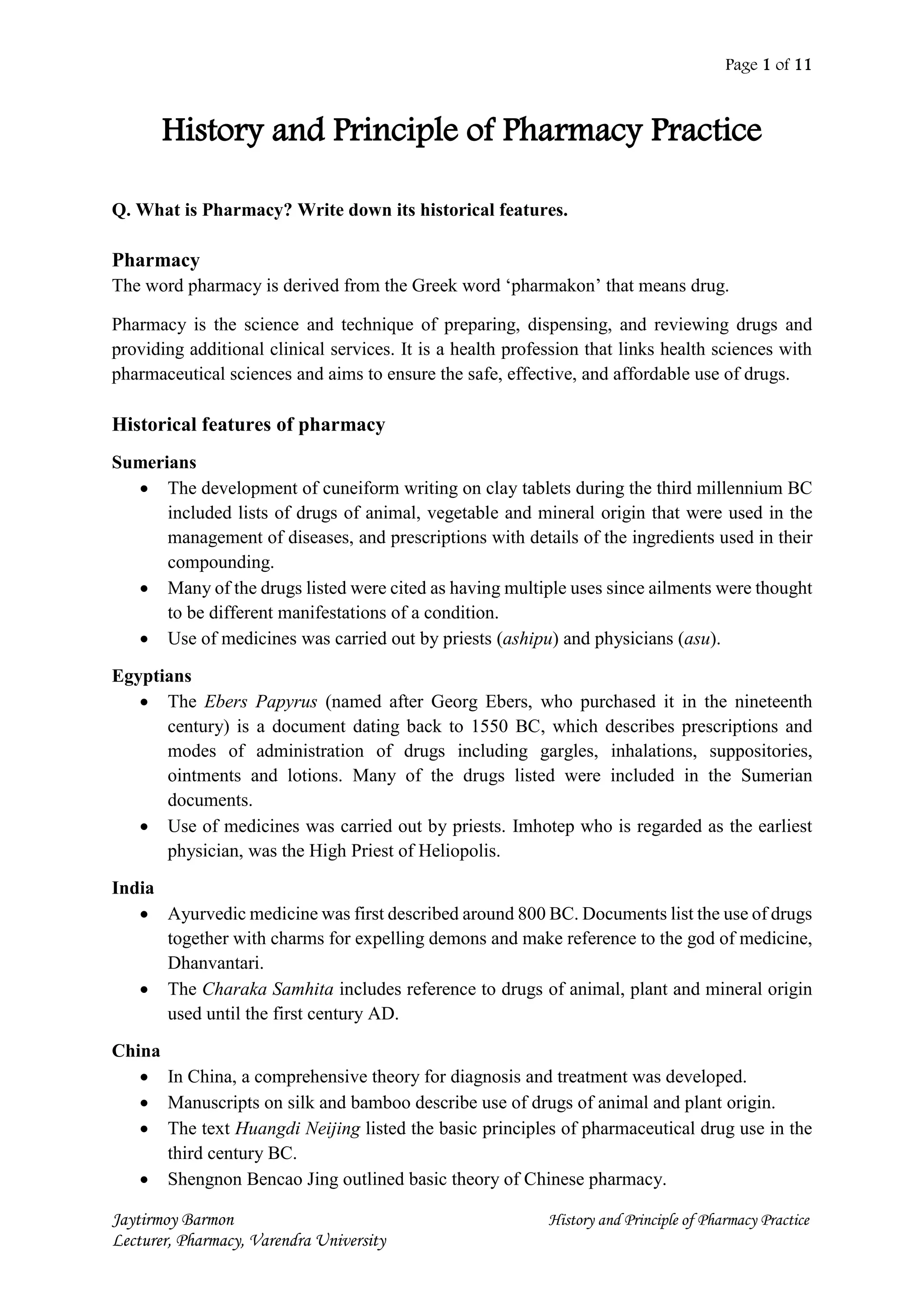 History and principle of pharmacy practice | PDF