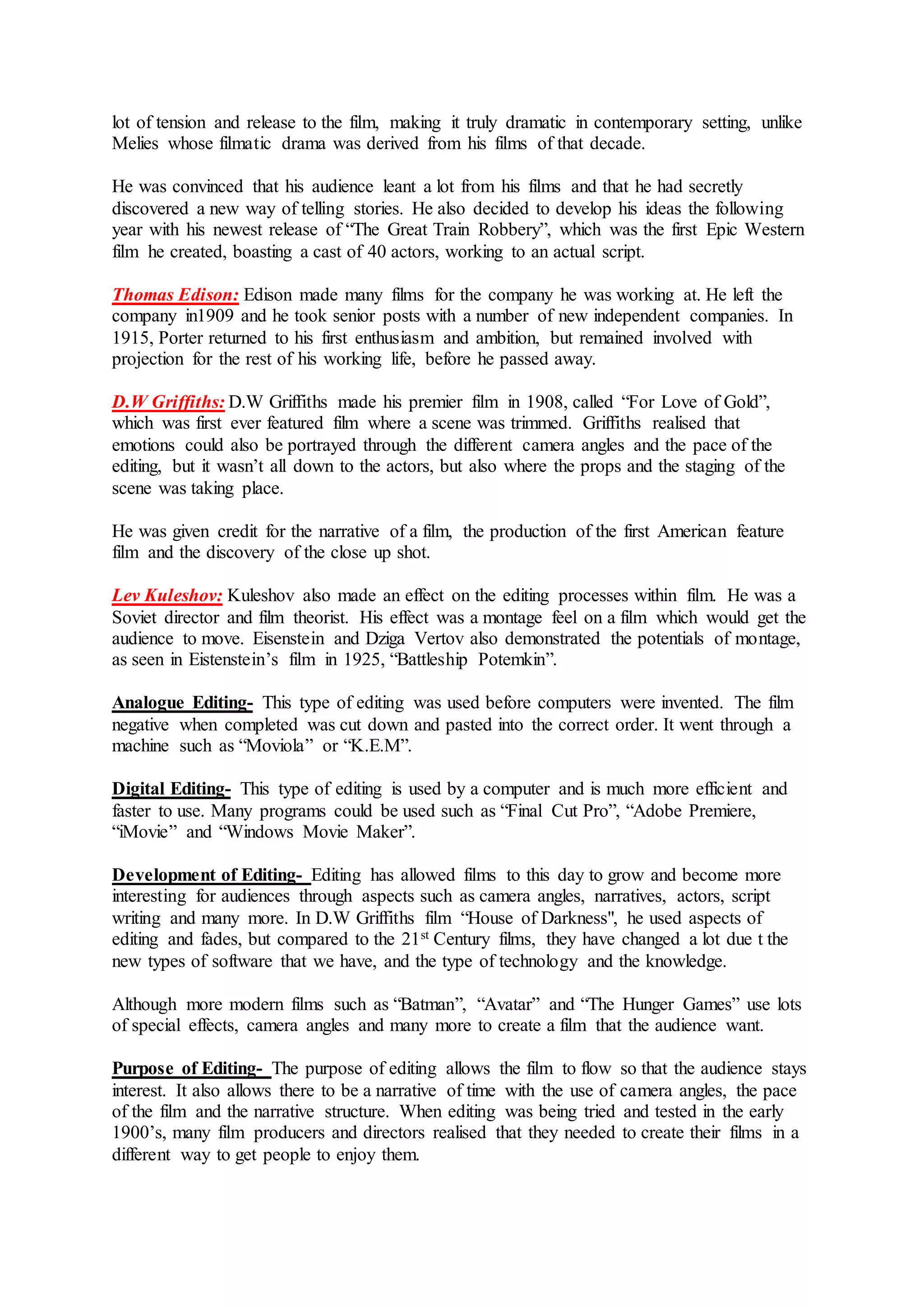 Creative Media BTEC- "History & Purpose of Editing" | DOCX