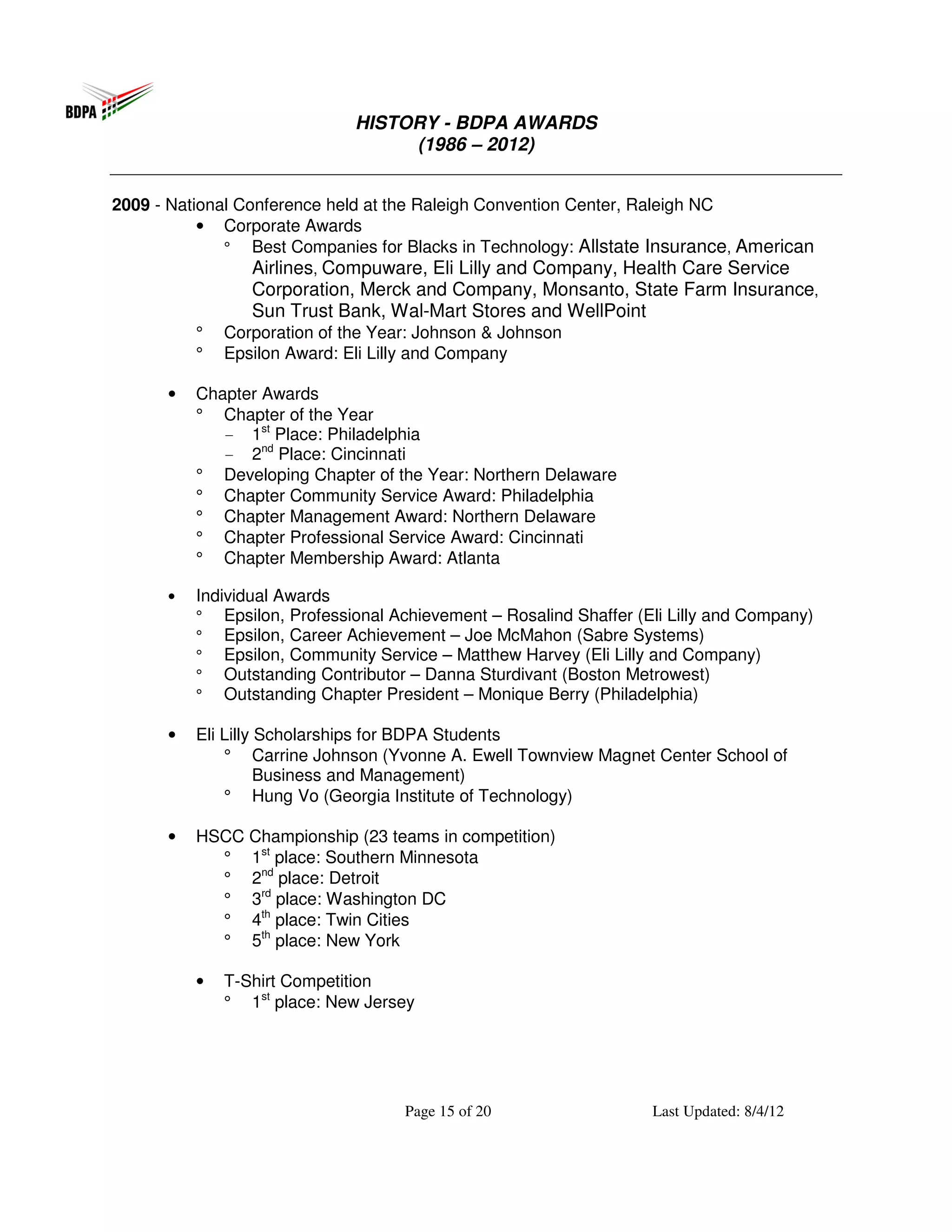 History of BDPA Awards (1986-2012) | PDF