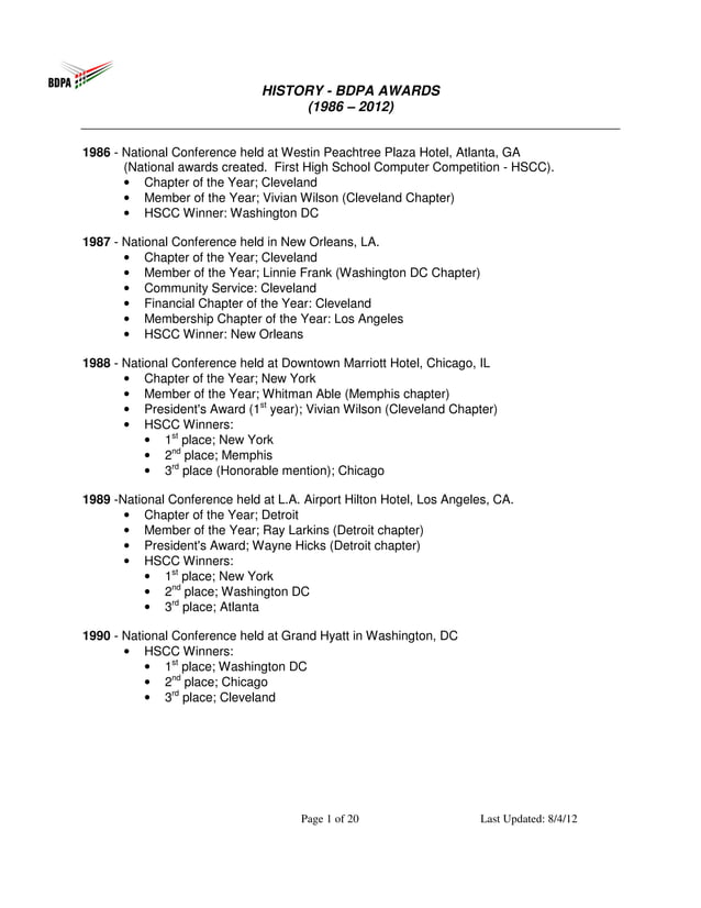 History of BDPA Awards (1986-2012) | PDF