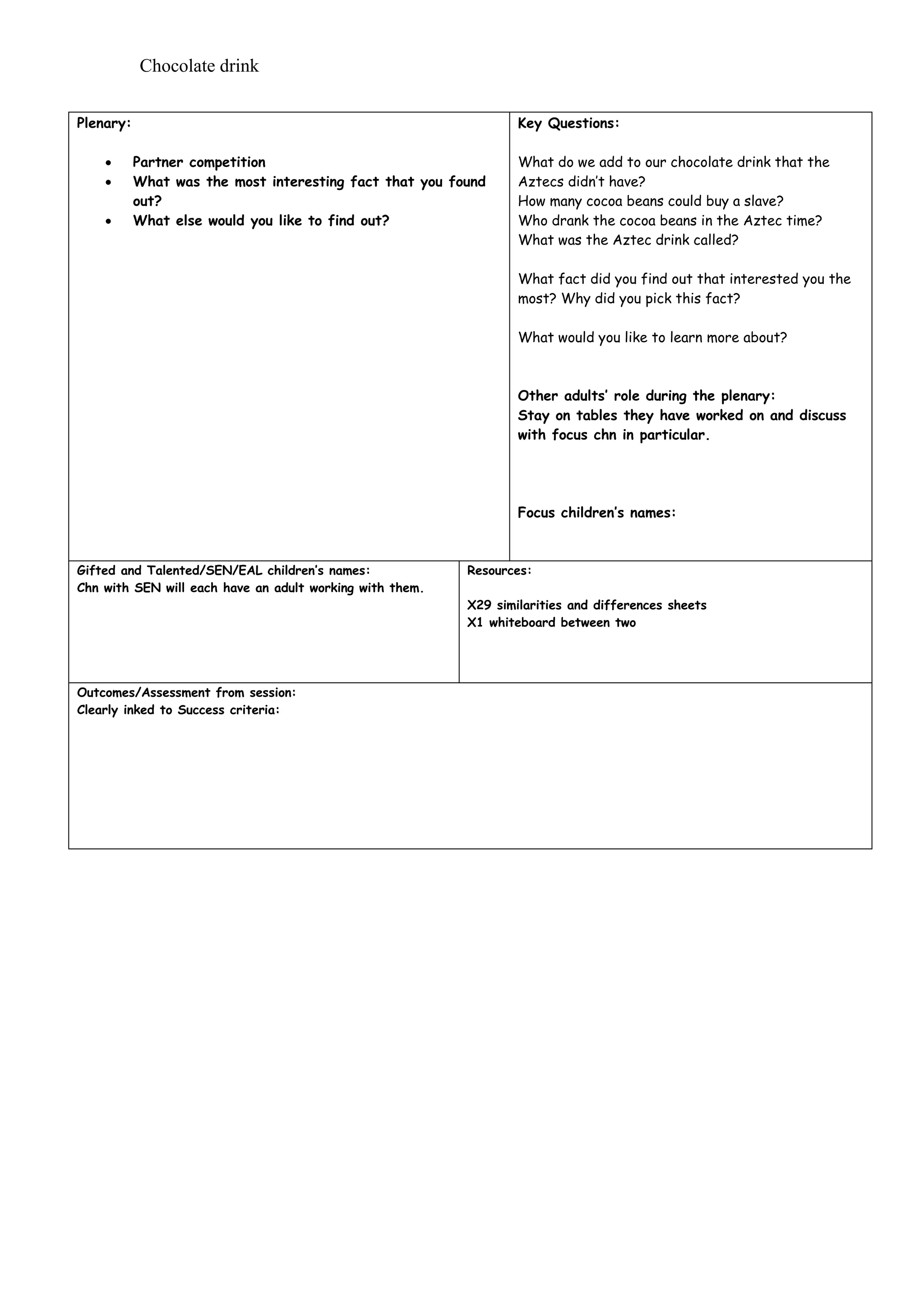 History chocolate lesson plan | DOCX