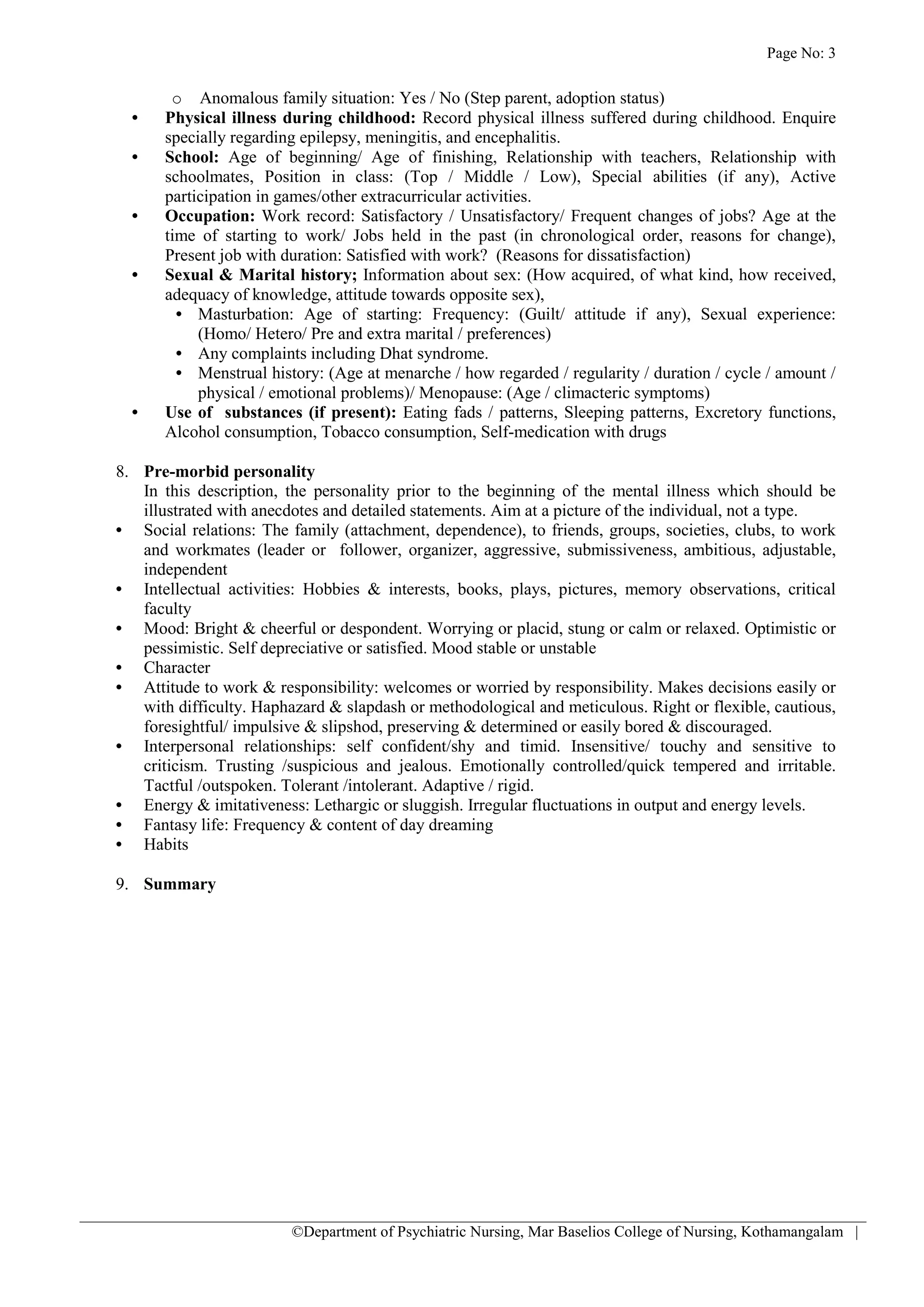 History collection format in psychiatric Nursing (Courtesy Department ...