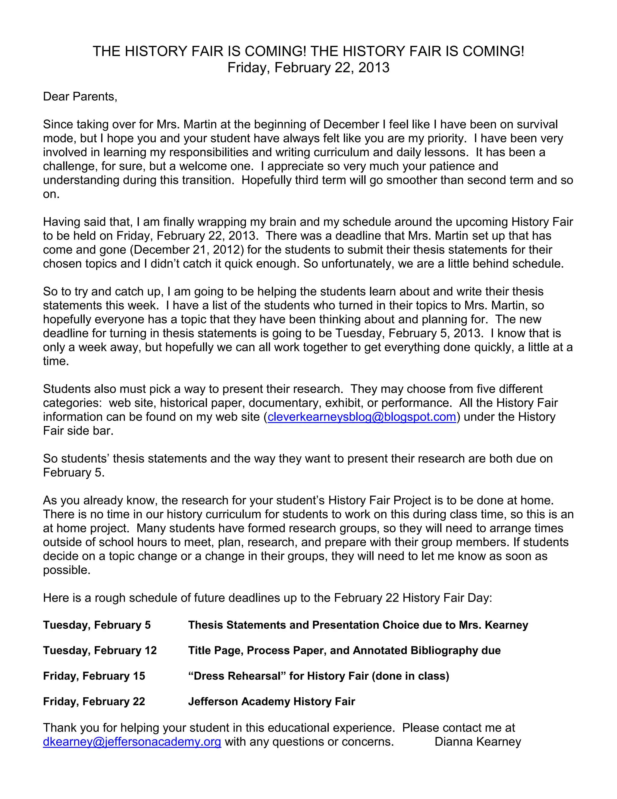 Jefferson Academy History Fair Parent Letter | DOCX