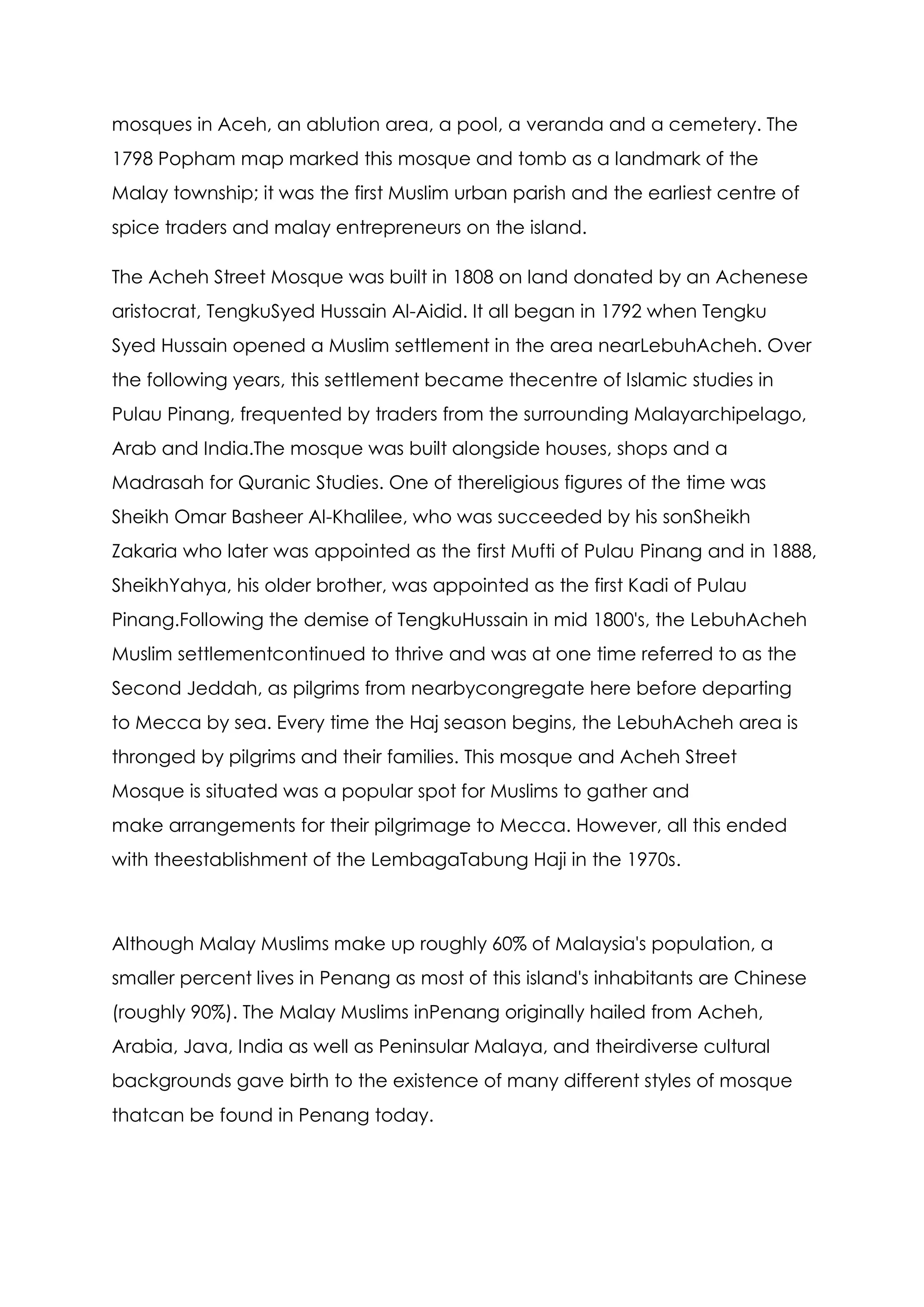 History of Acheh mosque In PENANG | DOCX