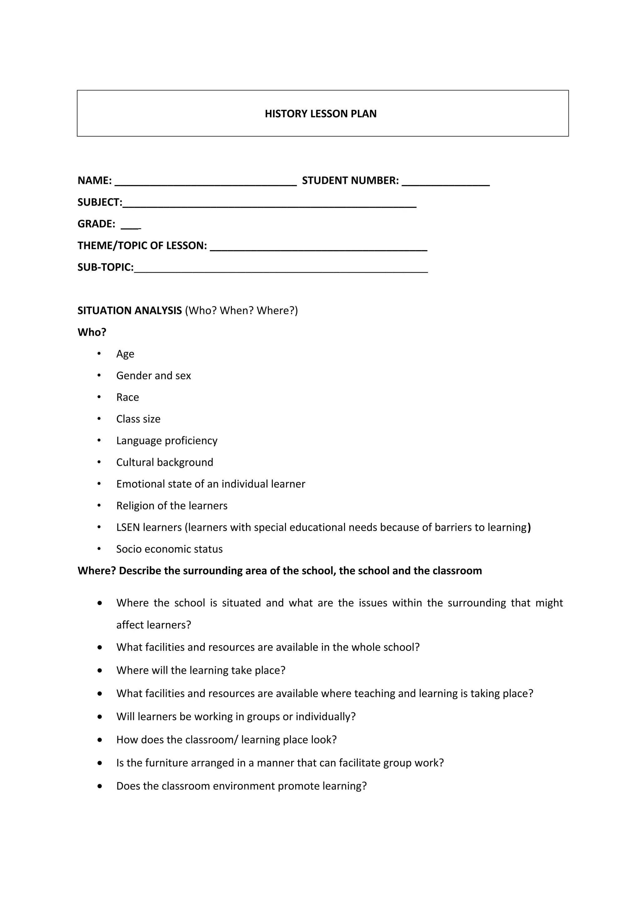 History lesson plan template | DOC