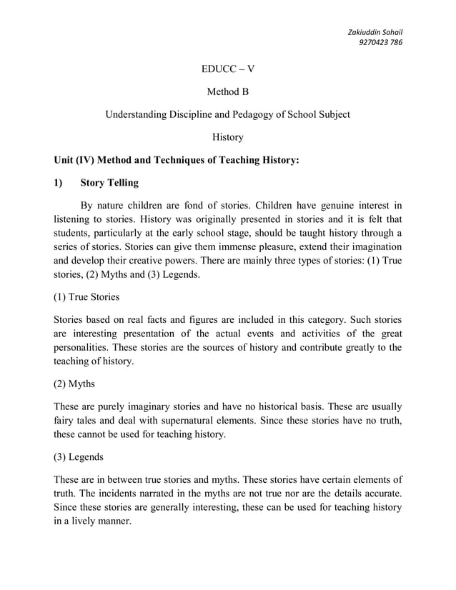 History method unit 4- Understanding Discipline and Pedagogy of School ...