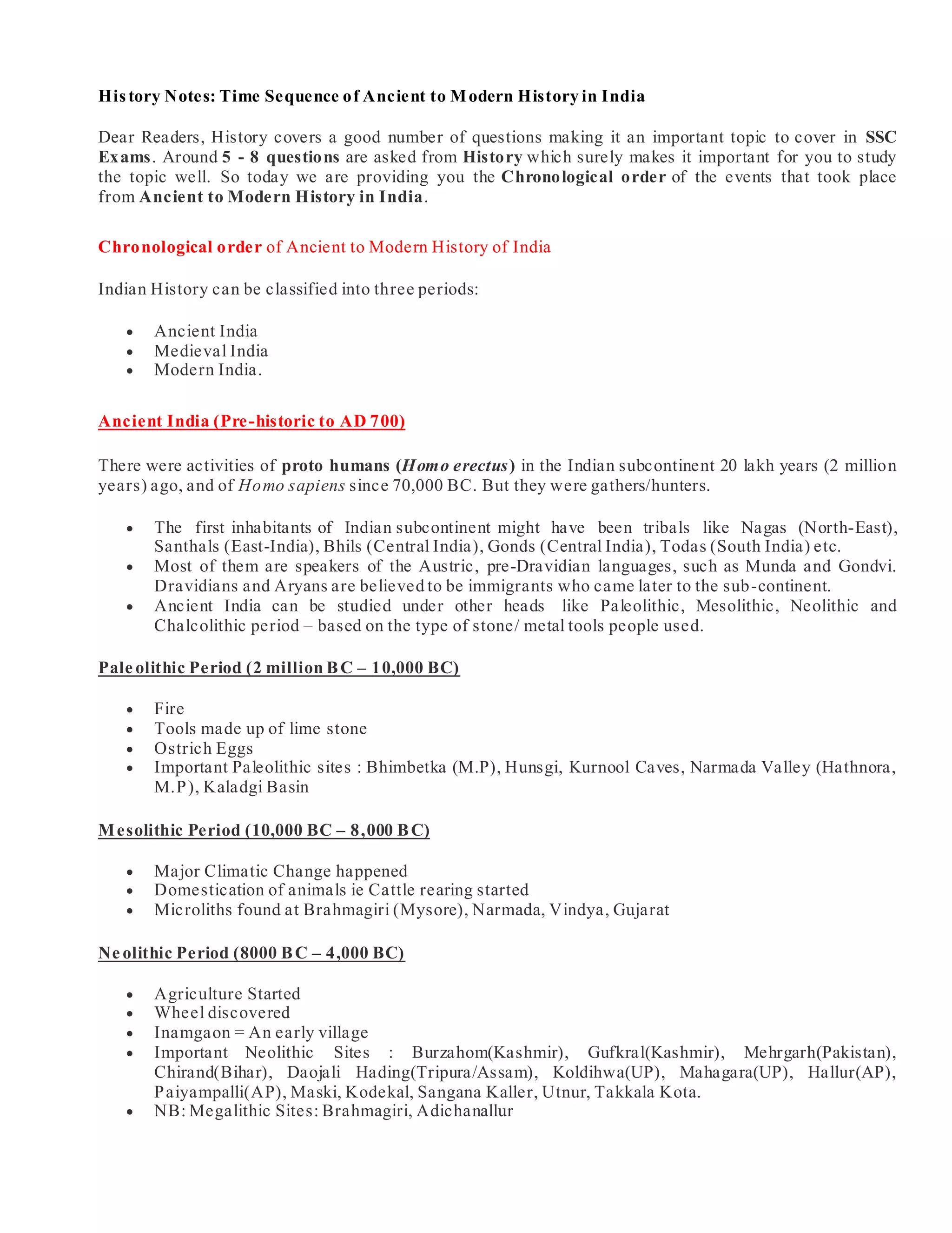 History notes time sequence of ancient to modern history in india | DOCX