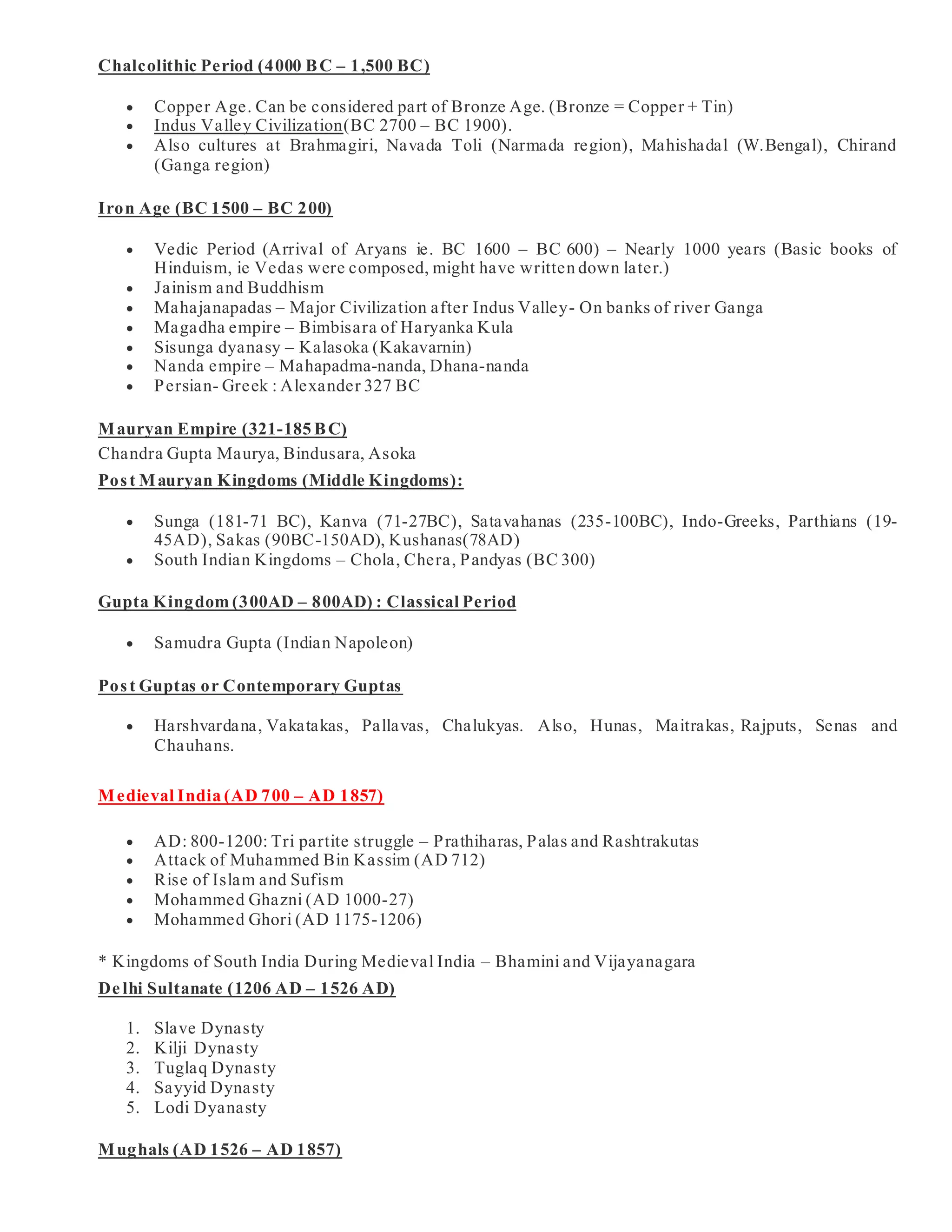 History notes time sequence of ancient to modern history in india | DOCX