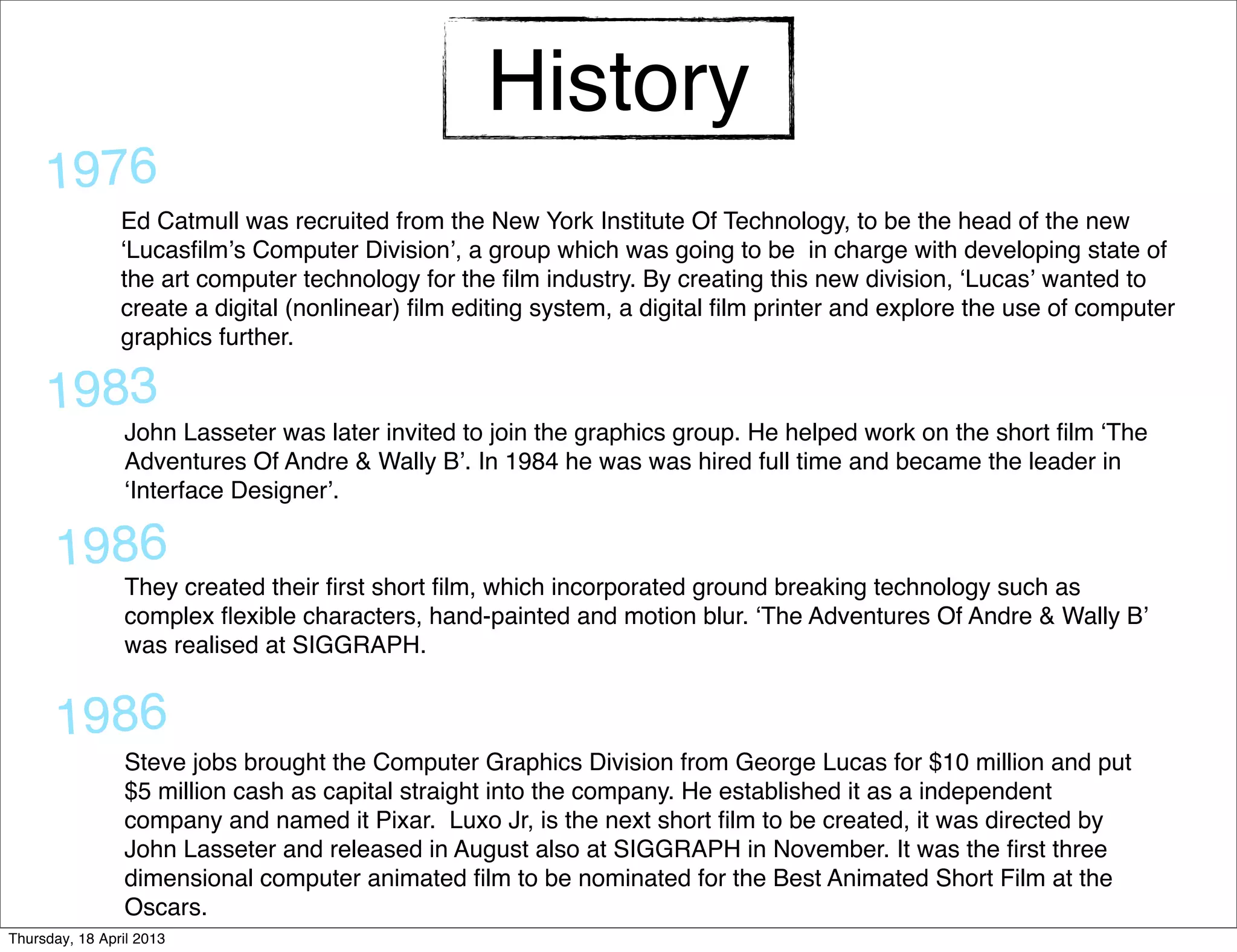 History Of Pixar | PDF | Computer Animation | Computer Software and Applications