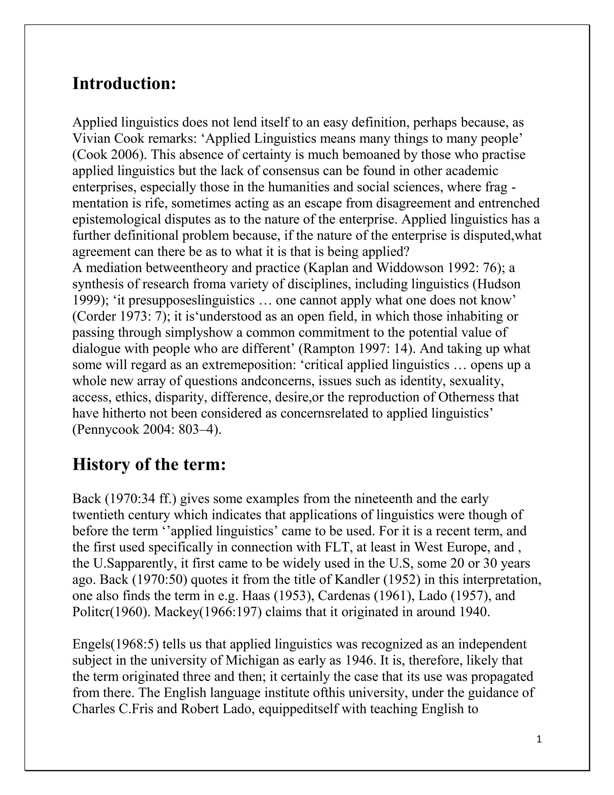 History of the term applied linguistics | DOCX