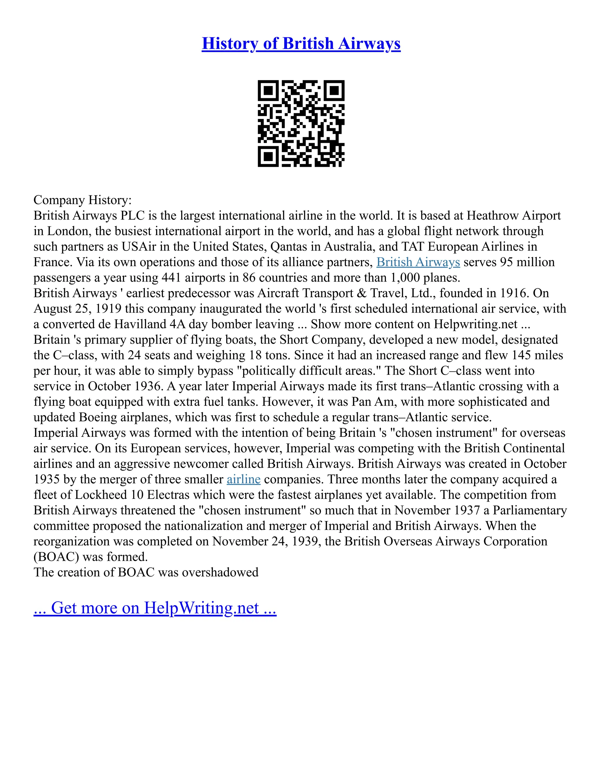 History Of British Airways | PDF