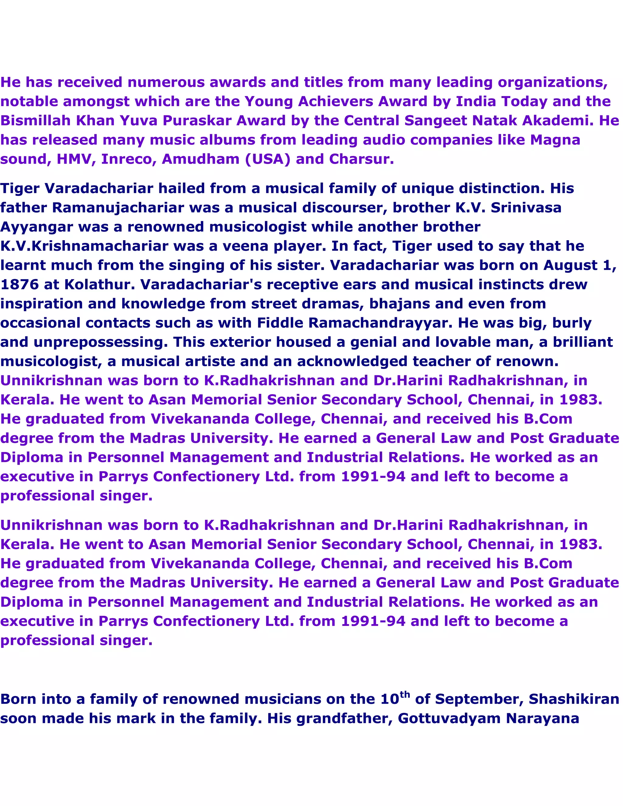 History of carnatic artists | DOCX