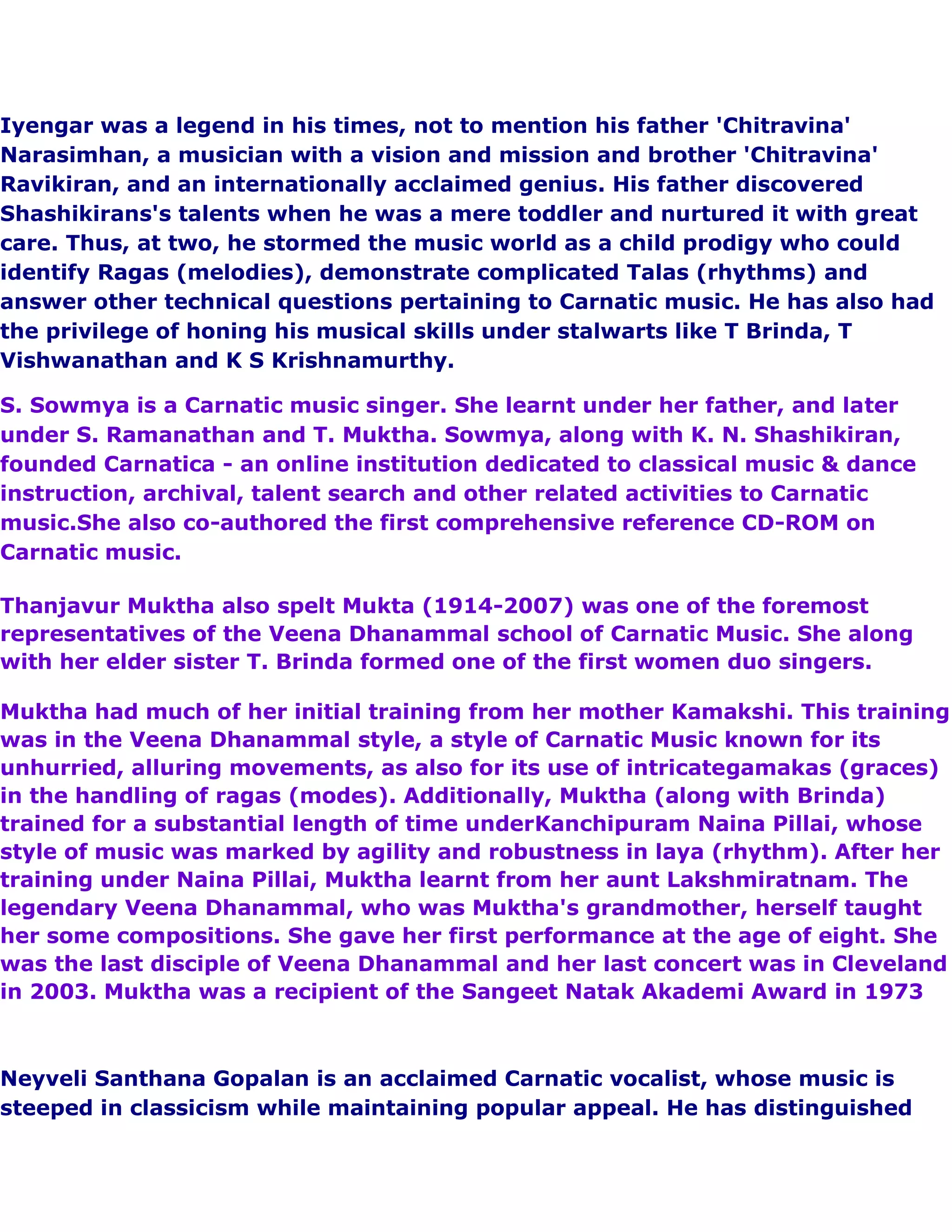 History of carnatic artists | DOCX