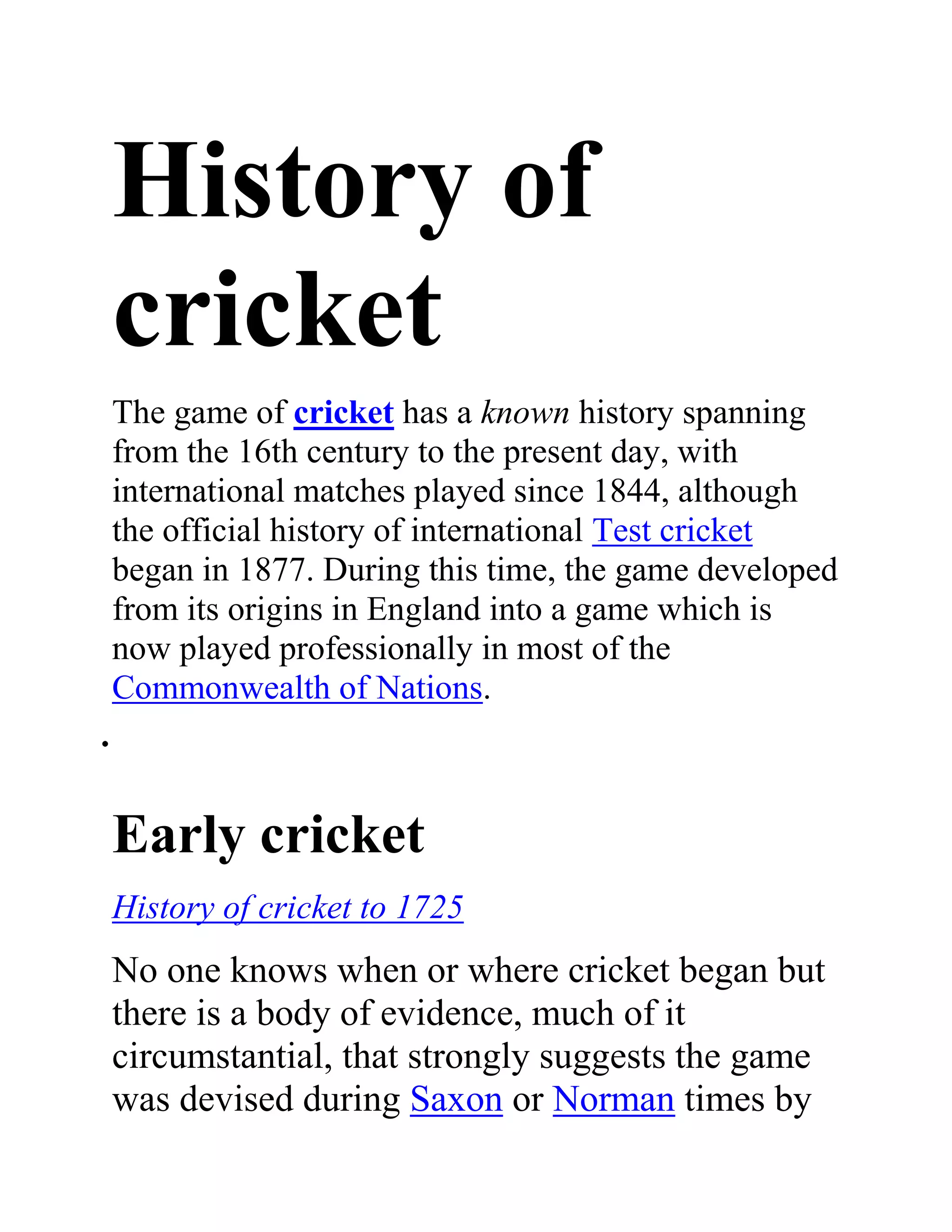 History of cricket | DOCX
