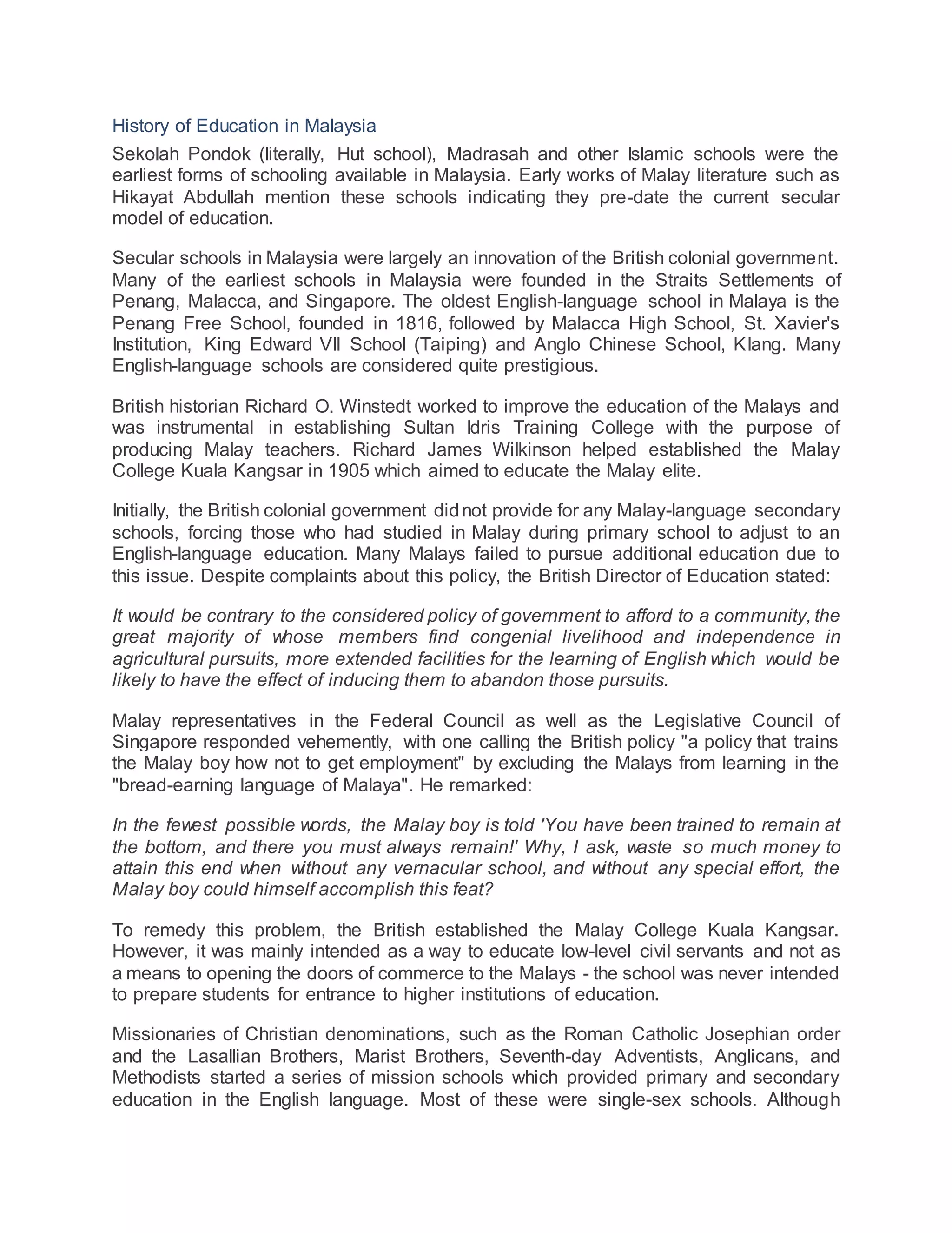 History of education in malaysia | DOCX